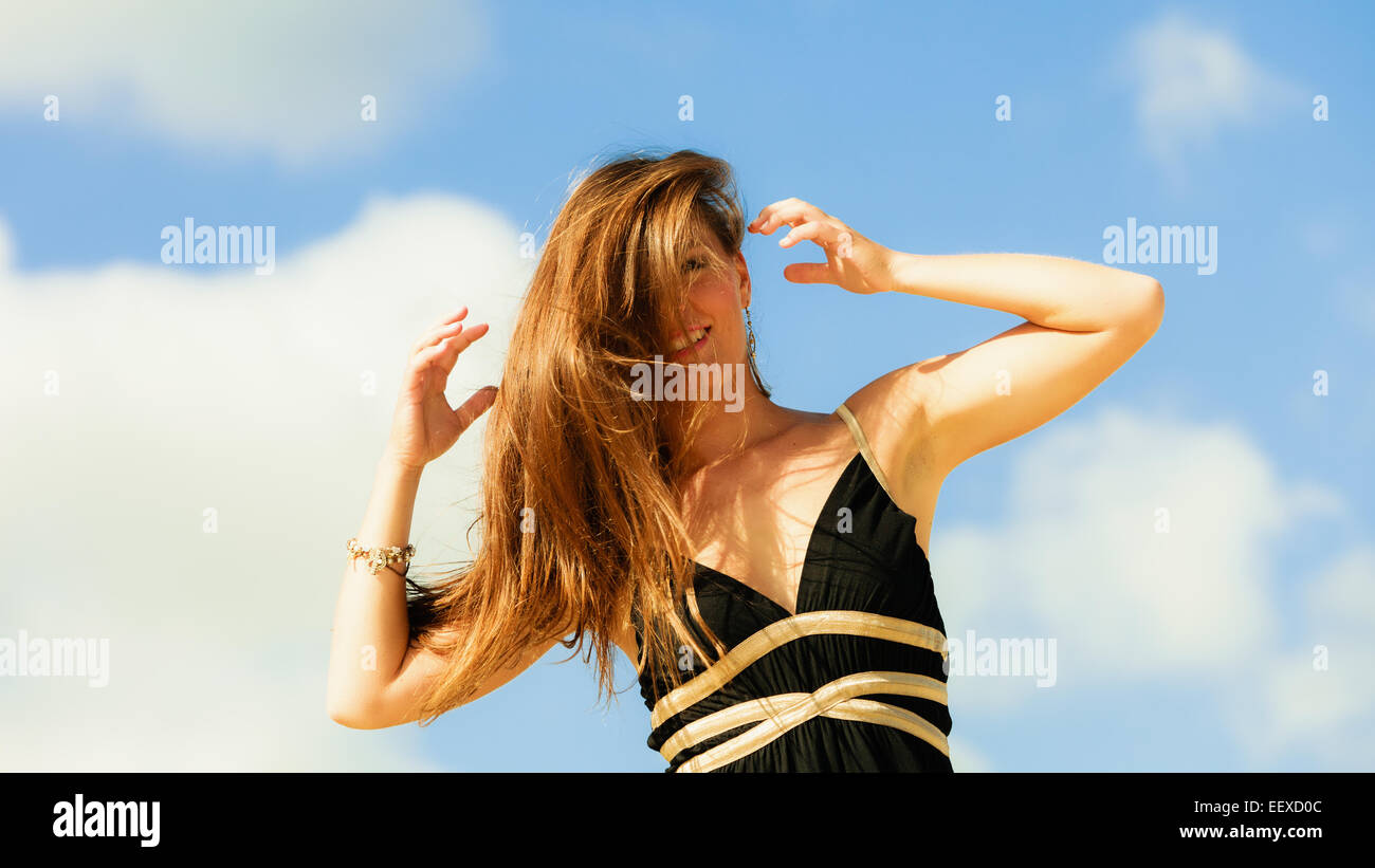 Blissful woman vacation day. Happy smiling crazy tourist on beach ...