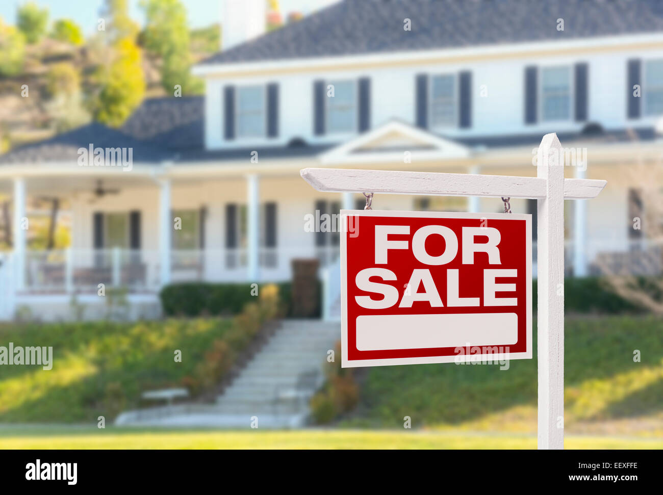 Home For Sale Real Estate Sign in Front of Beautiful New House Stock ...