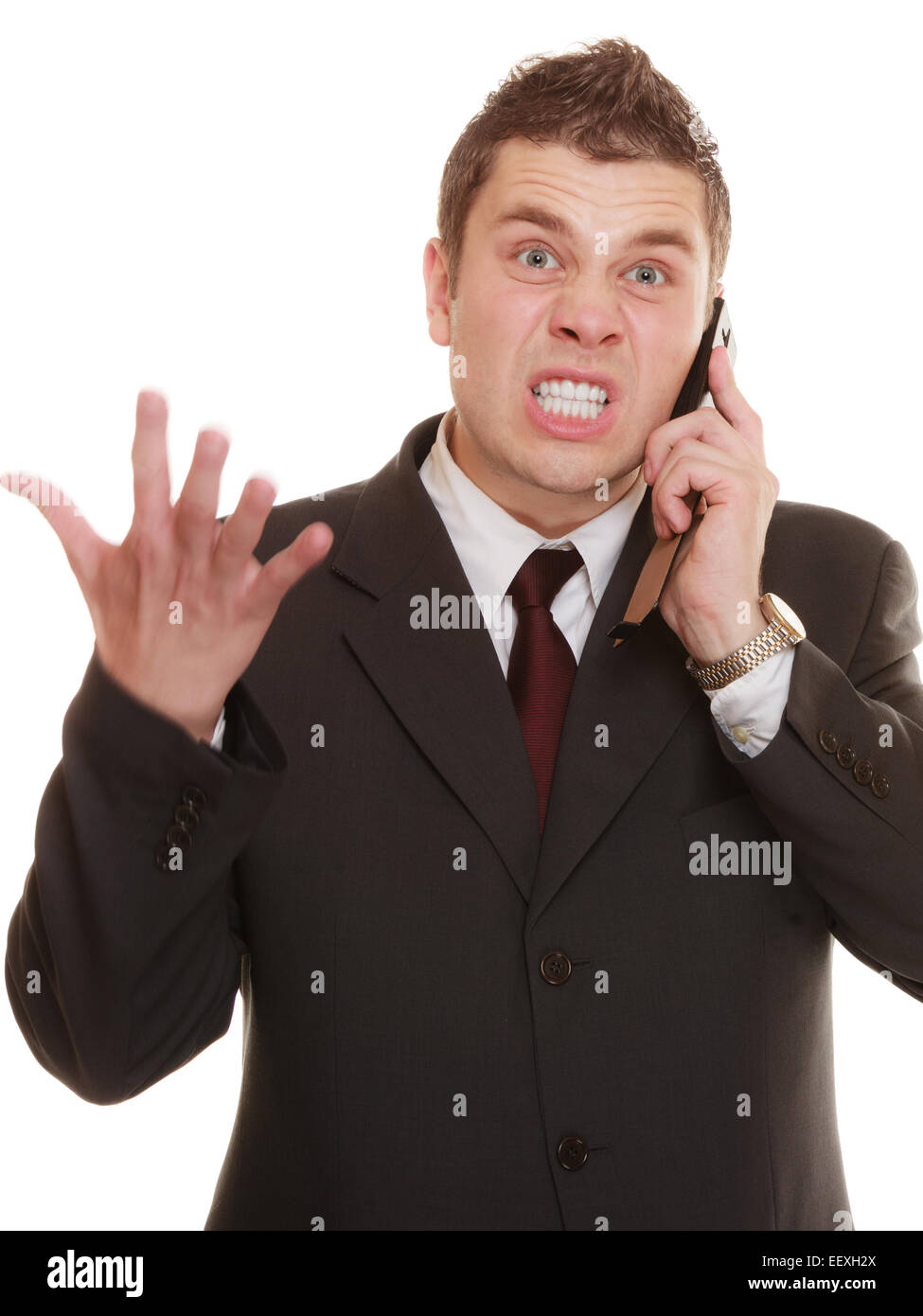 relationship difficulties. Angry man talking on mobile cell phone. Fury ...