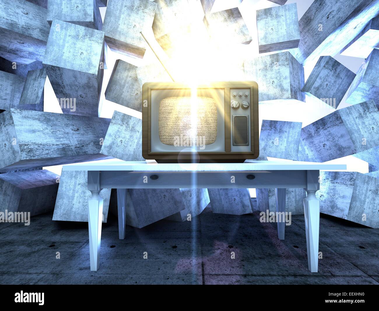 A retro TV set in an grunge dark interior with light beams Stock Photo ...