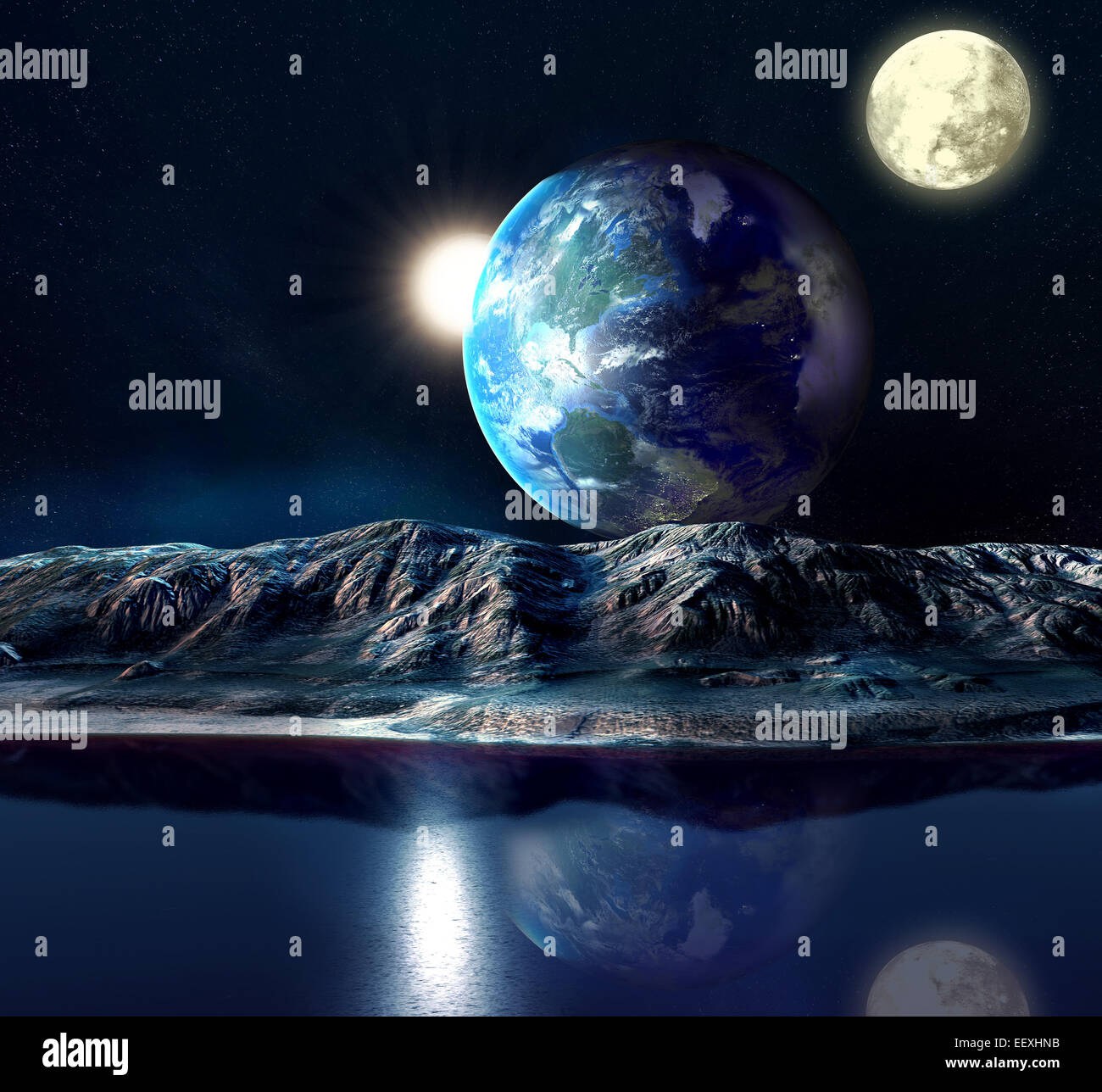 Alien Planet With Earth Moon And Mountains Stock Photo - Alamy