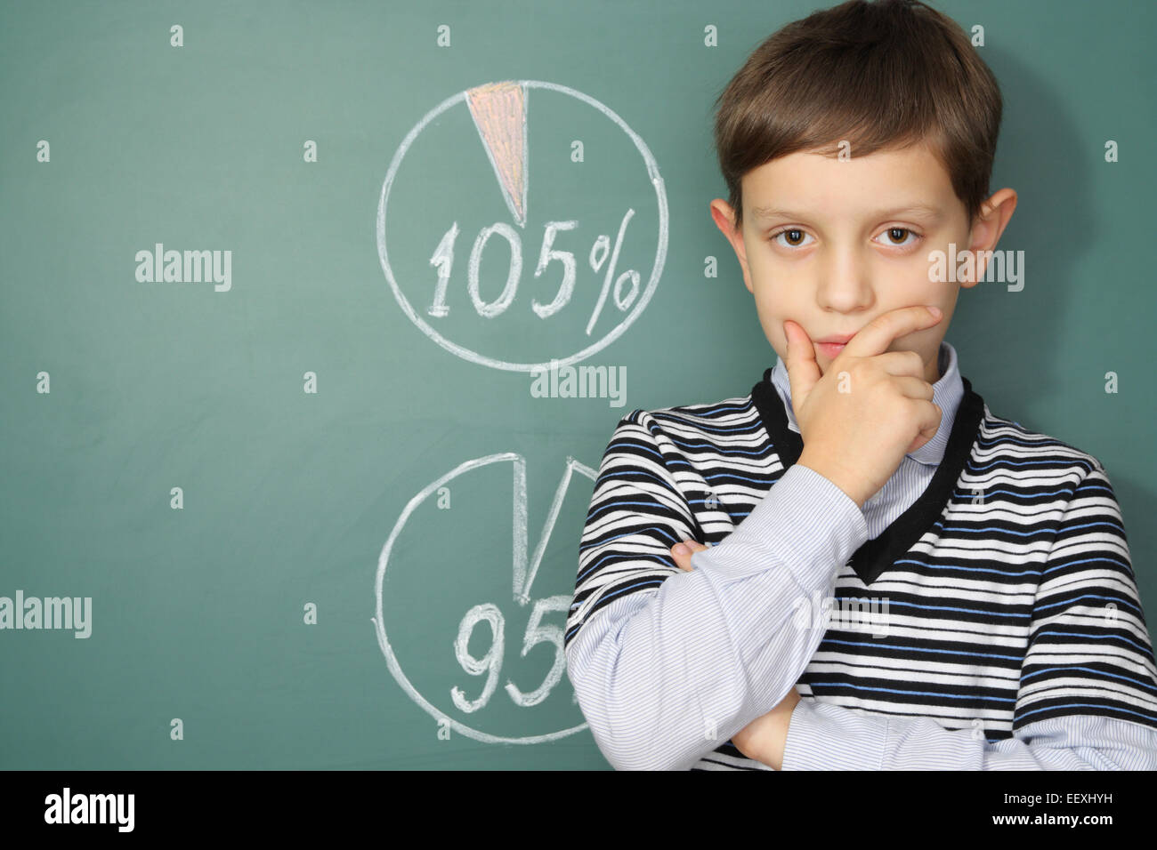 Education concept. Learner before blackboard and diagrams showing ...