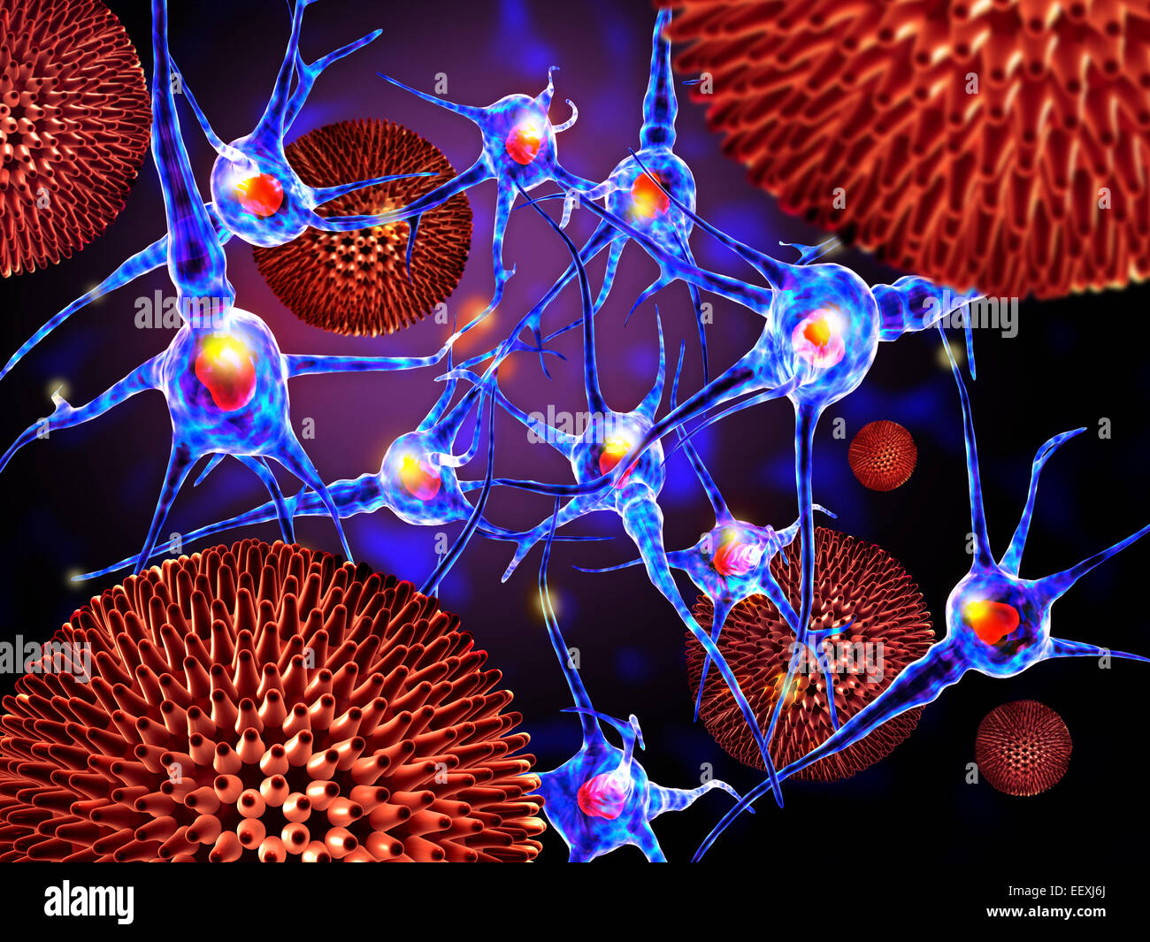 3d illustration of viruses attacking nerve cells Stock Photo - Alamy