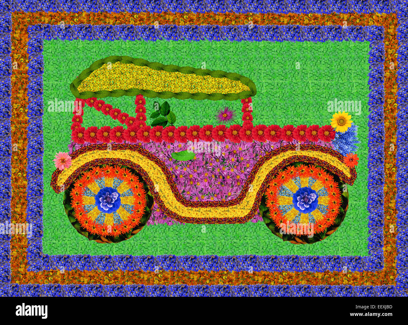 Vintage bio retro car made from fresh summer flowers. Abstract handmade ...
