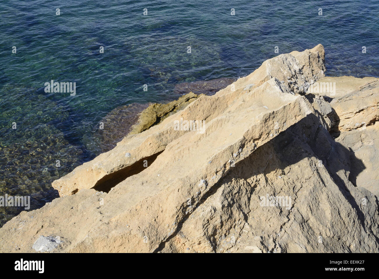 Blocks of layered limestone rock, Mallorca, Balearic islands, Spain ...
