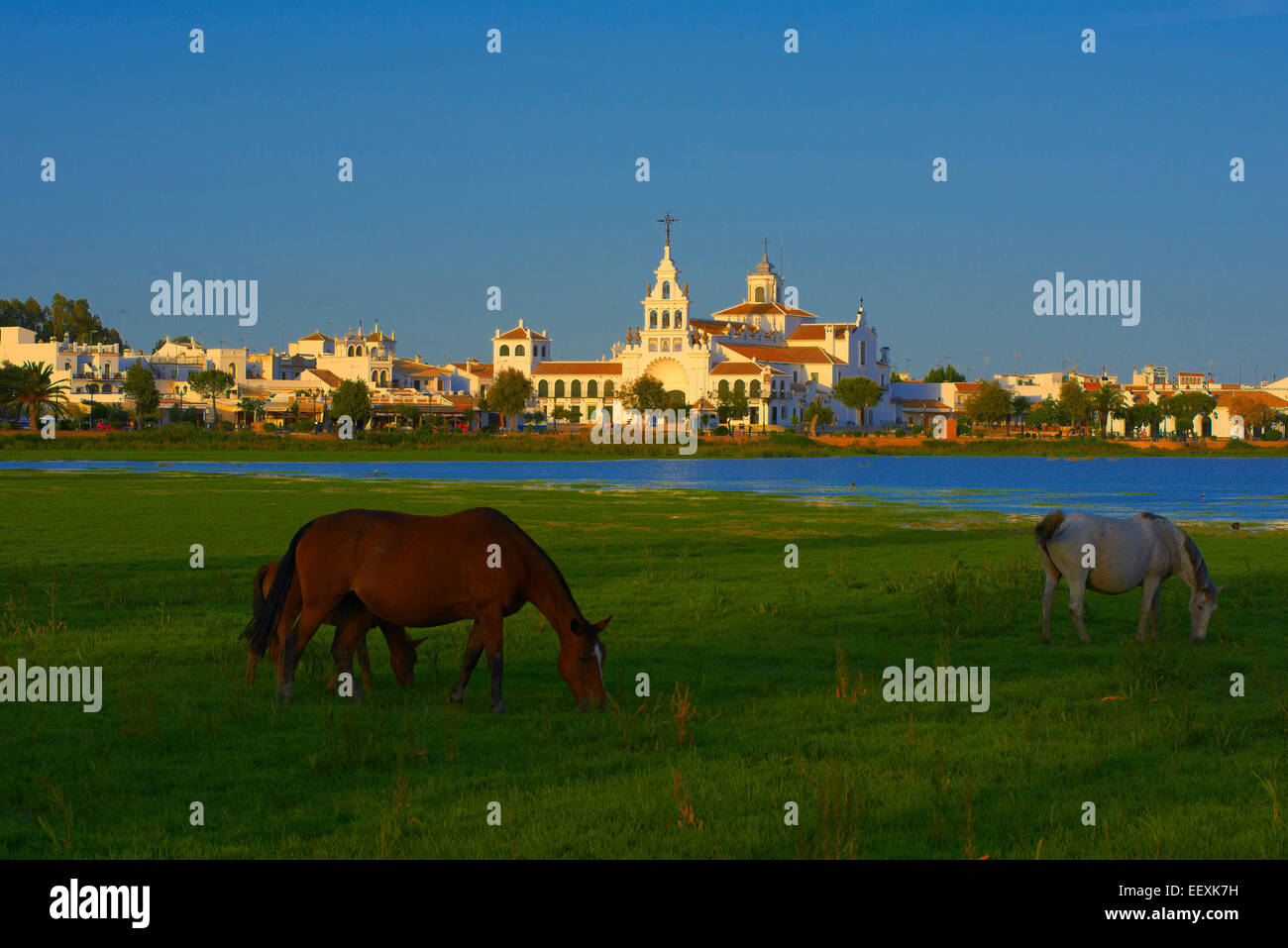 El Rocio village and Ermita del Rocío hermitage in morning light, El ...