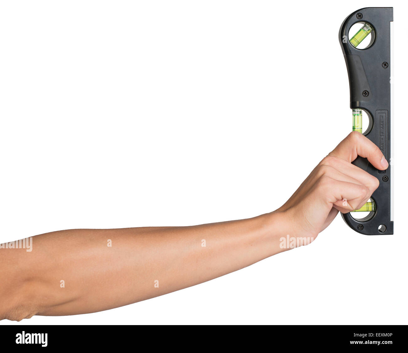 Female hand holding builder's level Stock Photo - Alamy