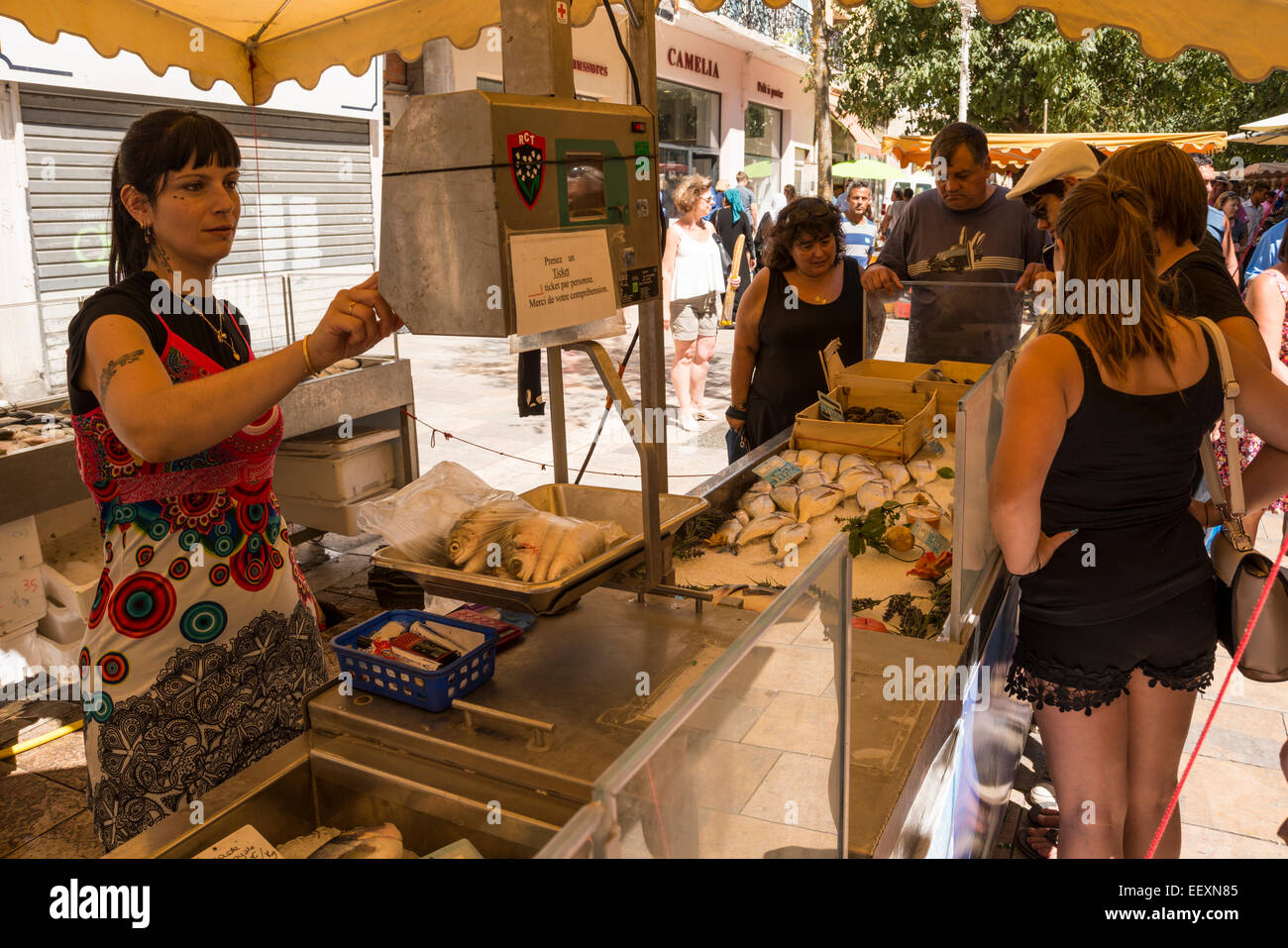 Fish stall holder weighing fish for pricing at Outdoor Market, Toulon ...