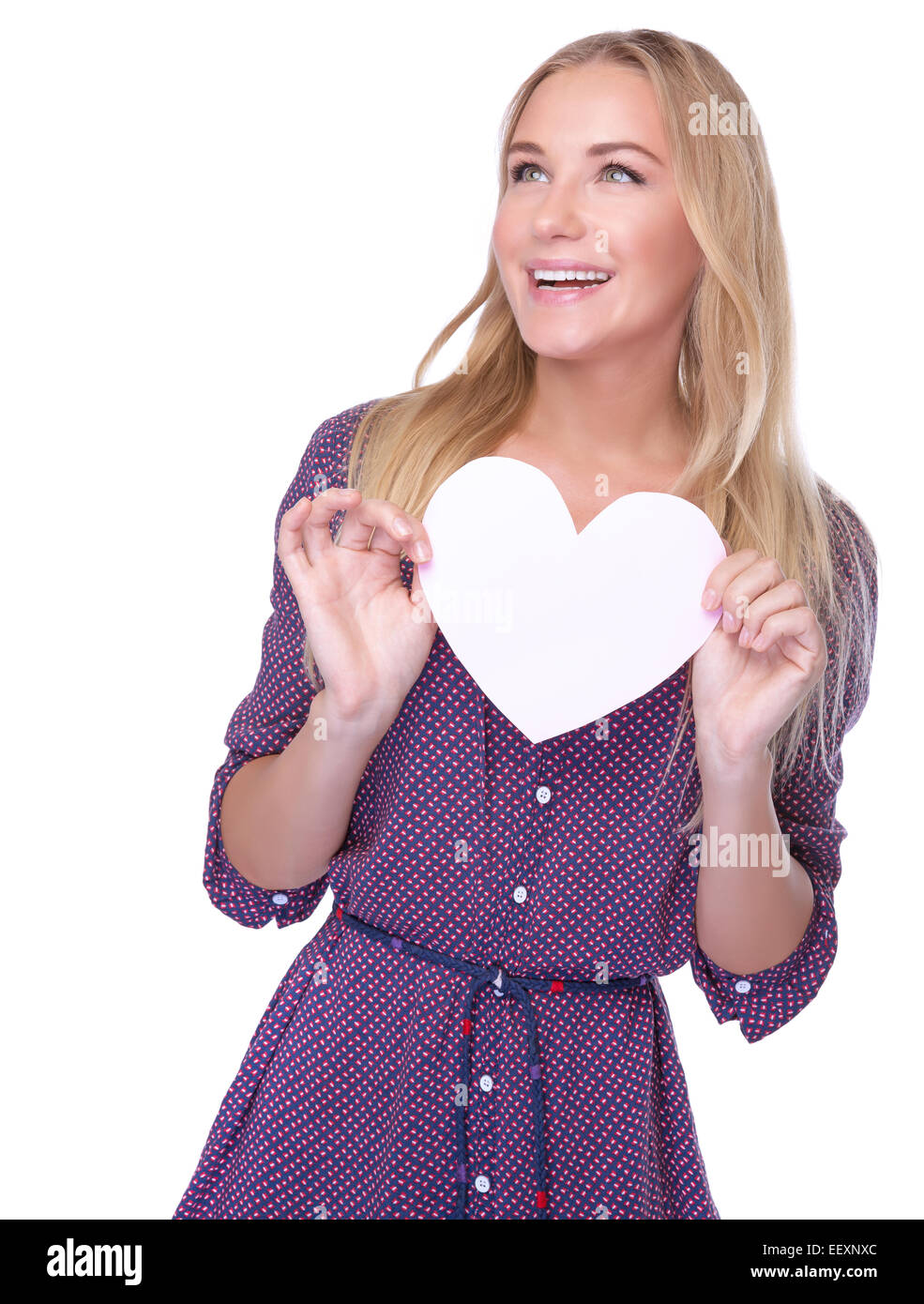 Portrait on nice female holding in hand romantic heart-shaped greeting ...