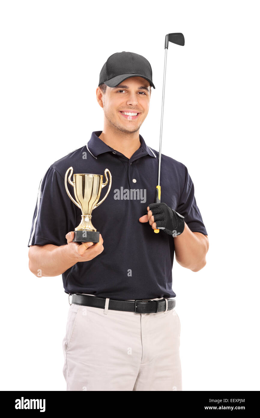 Male golfing champion holding a gold cup isolated on white background ...