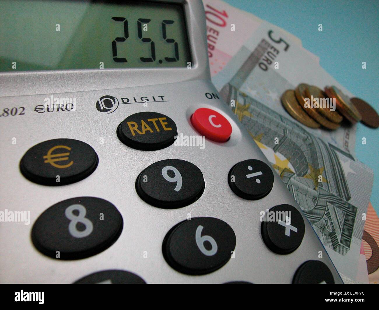 Euro banknotes and coins, the common currency of the European Union ...