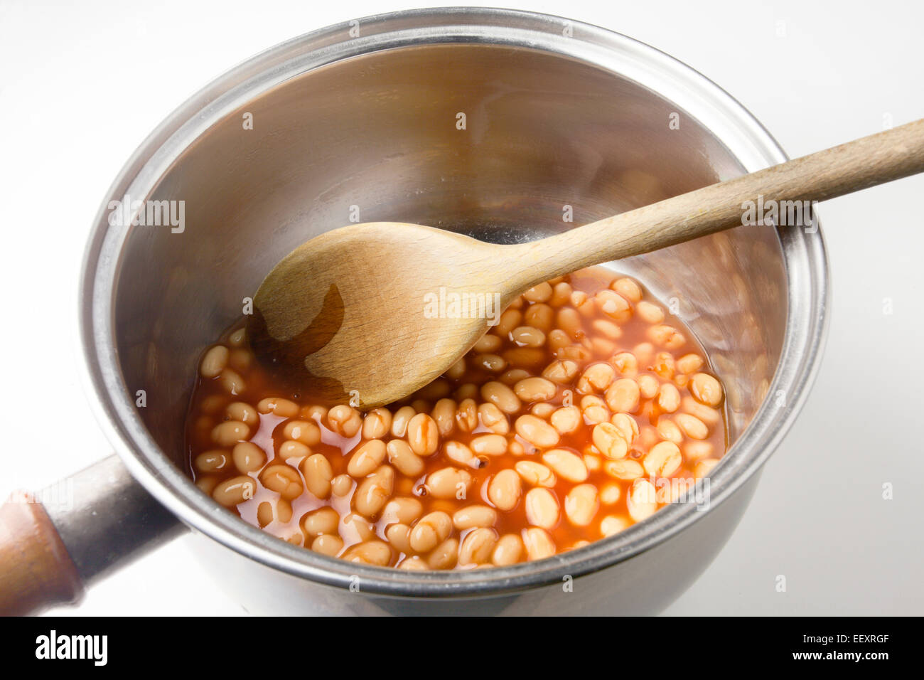 Baked Beans in a Saucepan with a Wooden Spoon Stock Photo - Alamy