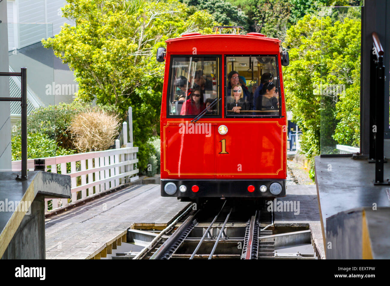 tram car Wellington city New Zealand red tram train number one pulling ...
