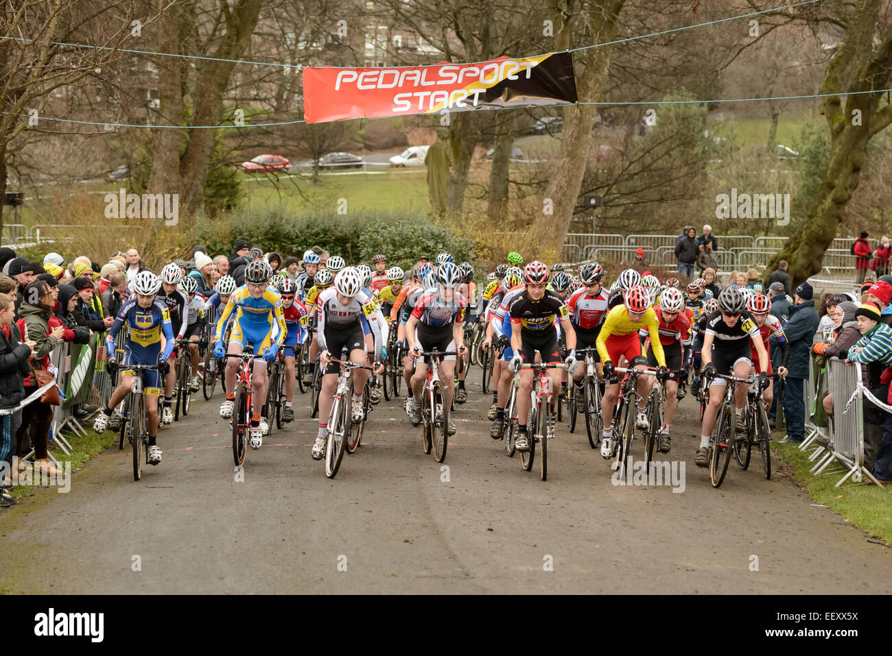 Massed start of a cyclo-cross cyclocross event for boys young men males ...