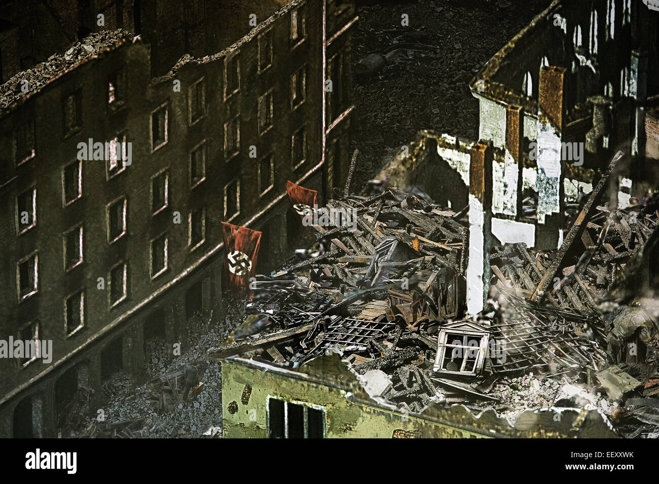 Swastika flags on a destroyed building can be seen at the new 360 ...