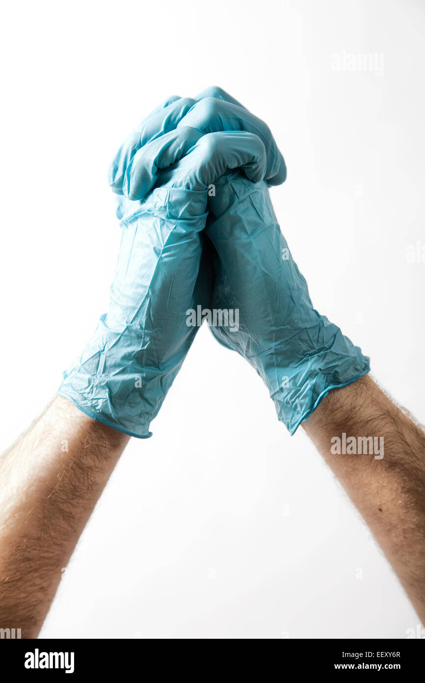 Hands with Blue Gloves Stock Photo - Alamy