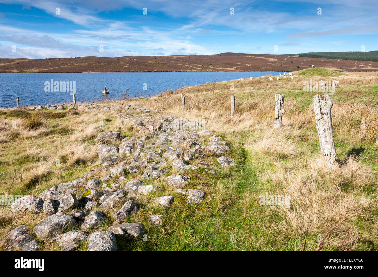Bronze age ring cairn beside Llyn Brenig in North Wales with a fishing ...