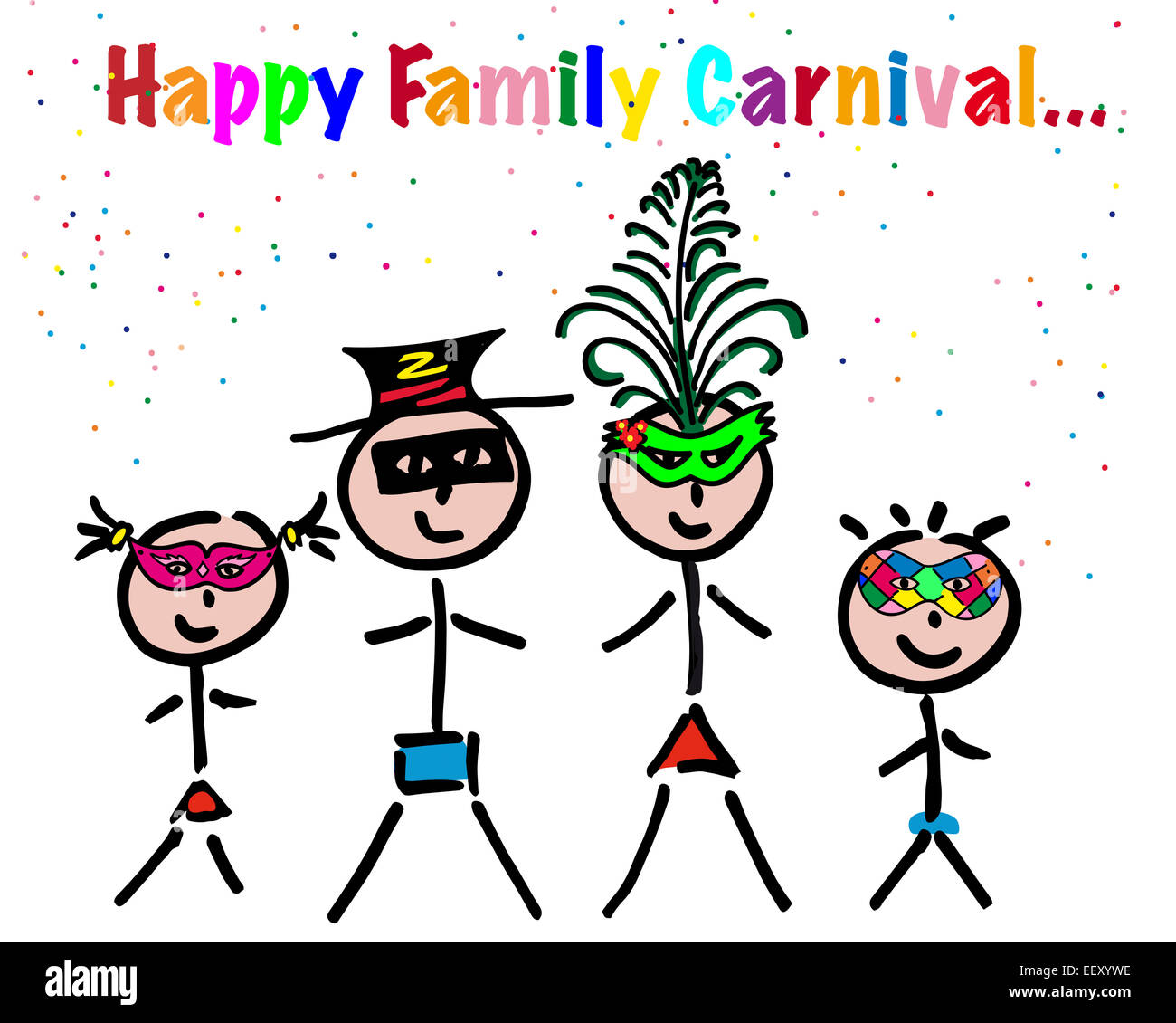 happy carnival, family with children, boy and girl, masks, streamers ...