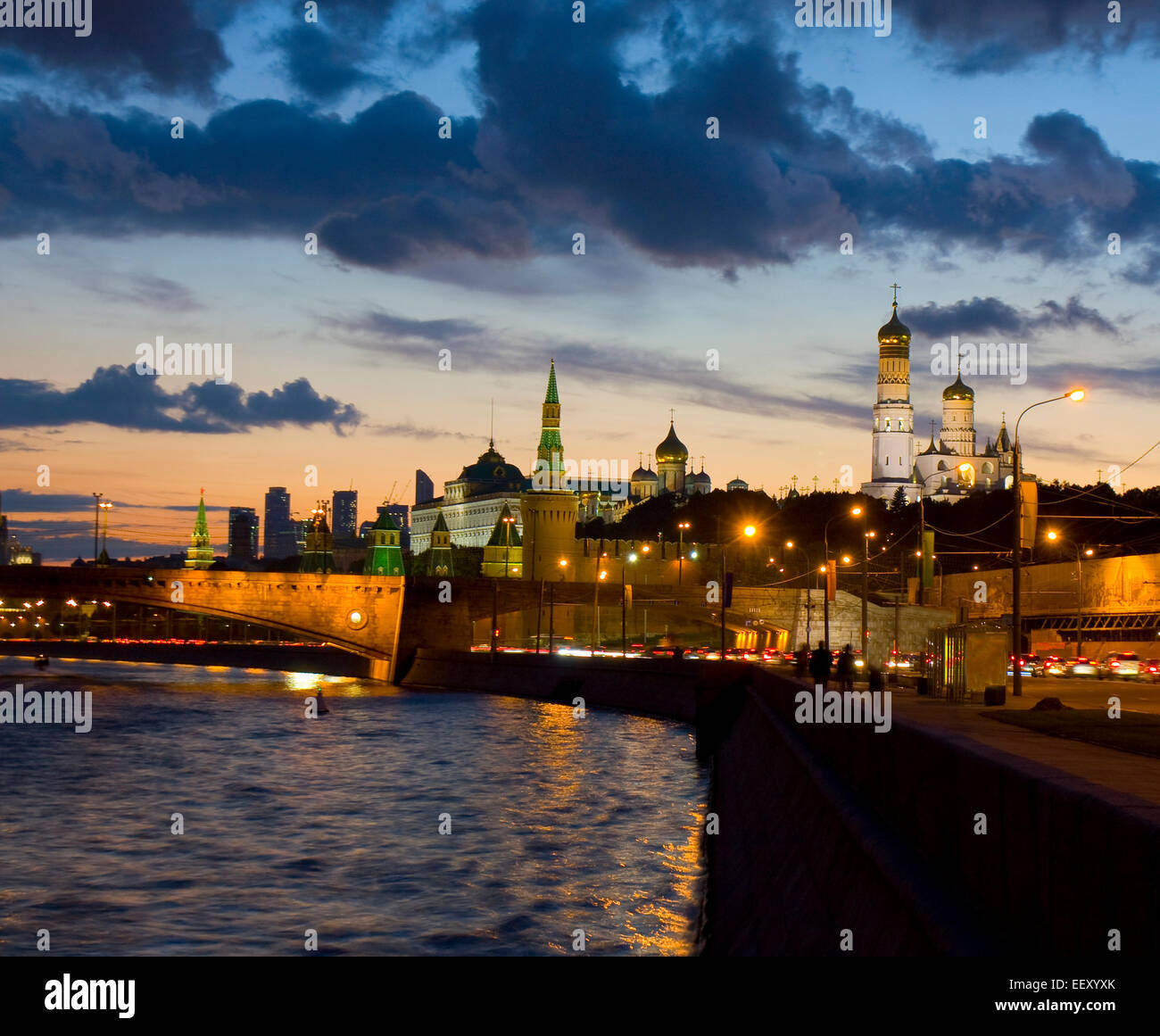 Moscow, Kremlin fortress with palace and cathedrals at night, view from ...