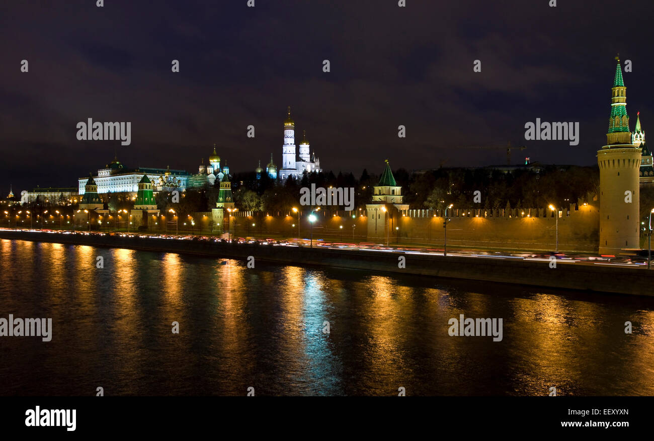 Moscow, Kremlin fortress with palace and cathedrals inside on bank of ...