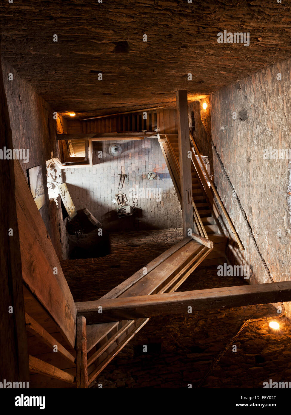 Inside of a church tower with wooden staircase Stock Photo - Alamy