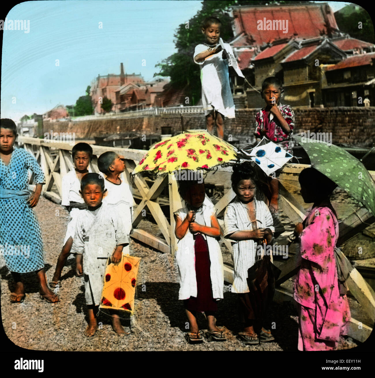 Japanese Children with their Kites, Japan, Magic Lantern Slide, circa ...