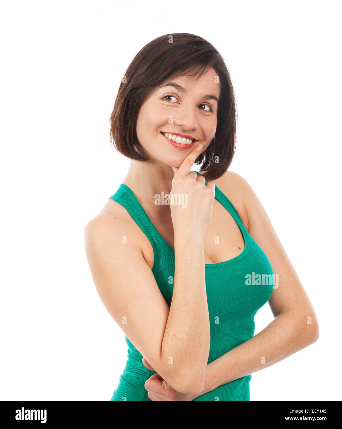 Girl looking something on the top, isolated on white Stock Photo - Alamy