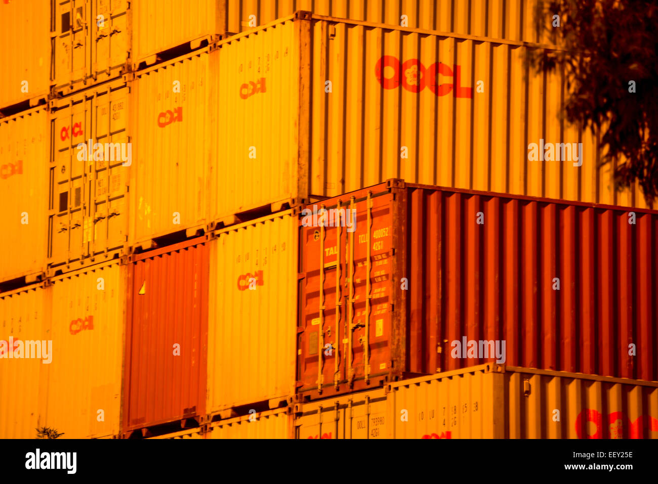 shipping containers on docks in yard stacked tractor for moving the ...