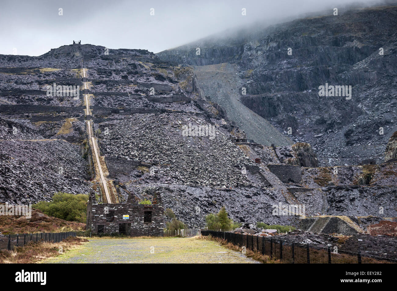 Dramatic slopes of loose slate in a vast abandoned slate quarry ...