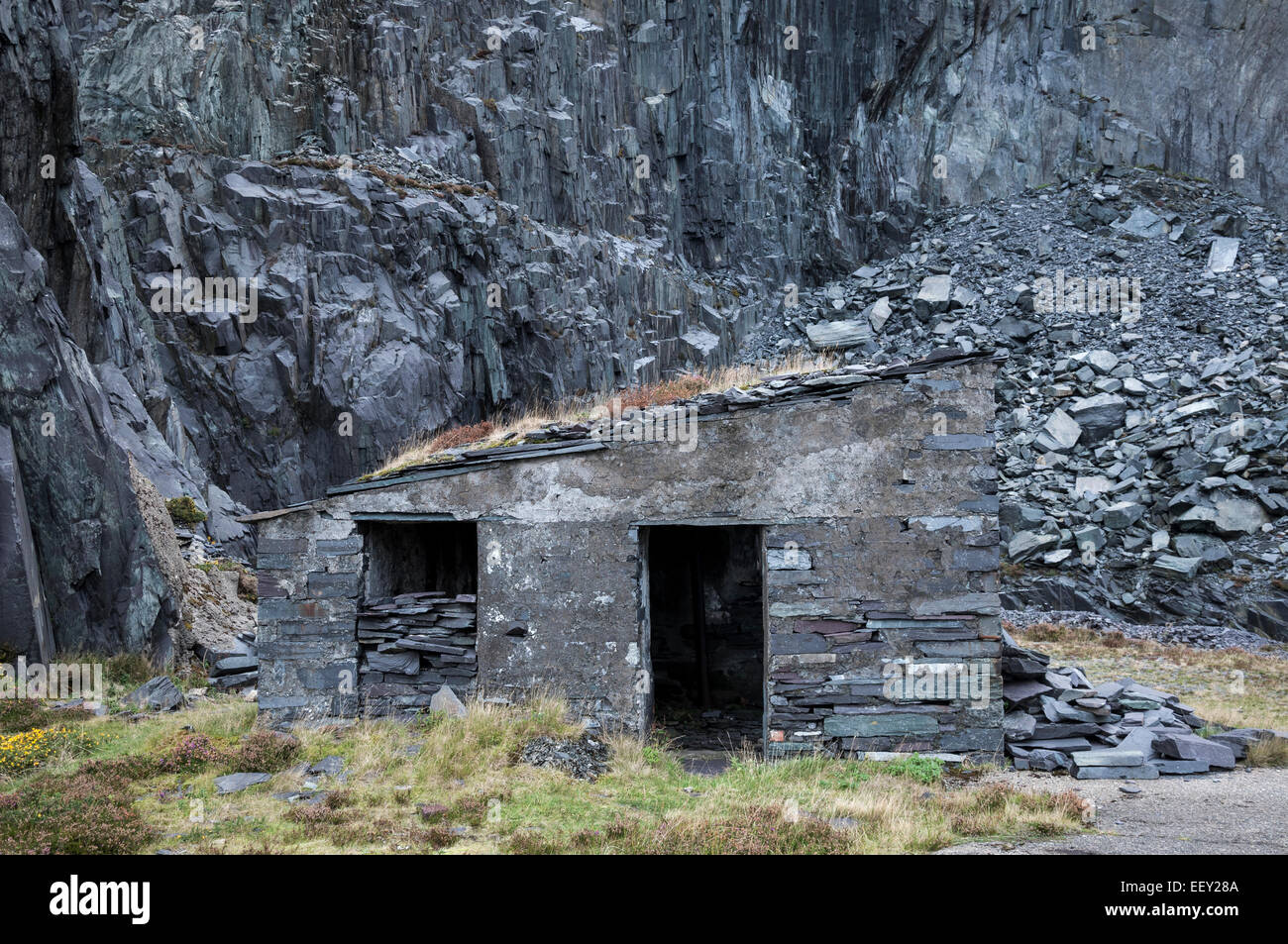 Old quarry ruin at the foot of steep cliffs of blue slate at Dinorwig ...