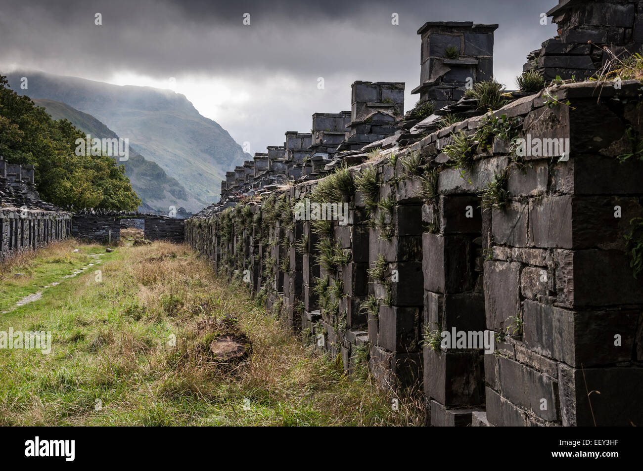 Anglesey barracks at Dinorwig quarry. Moody shot of these slate built ...