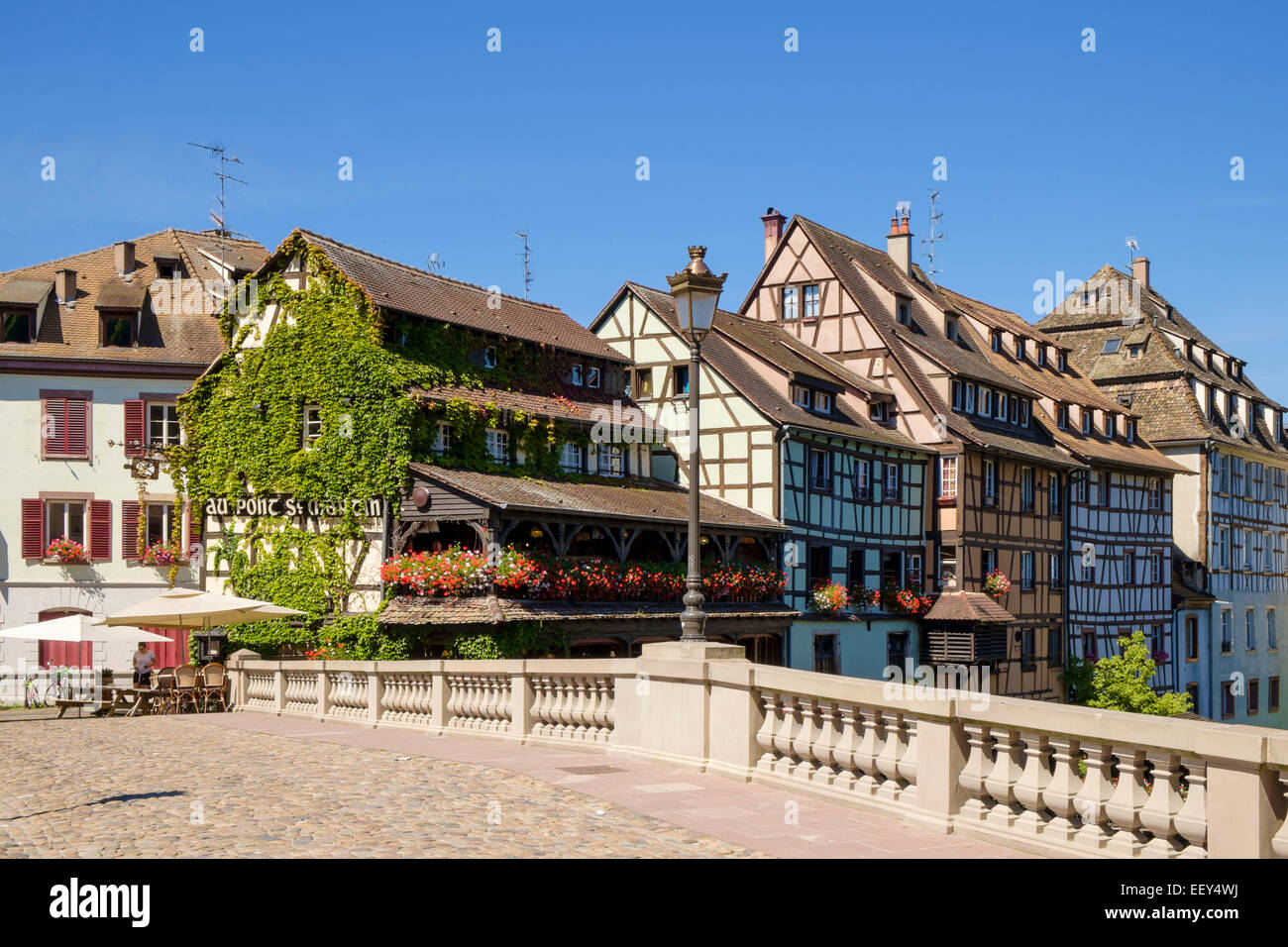 Strasbourg, France, Europe - Old buildings and restaurant with flowers ...