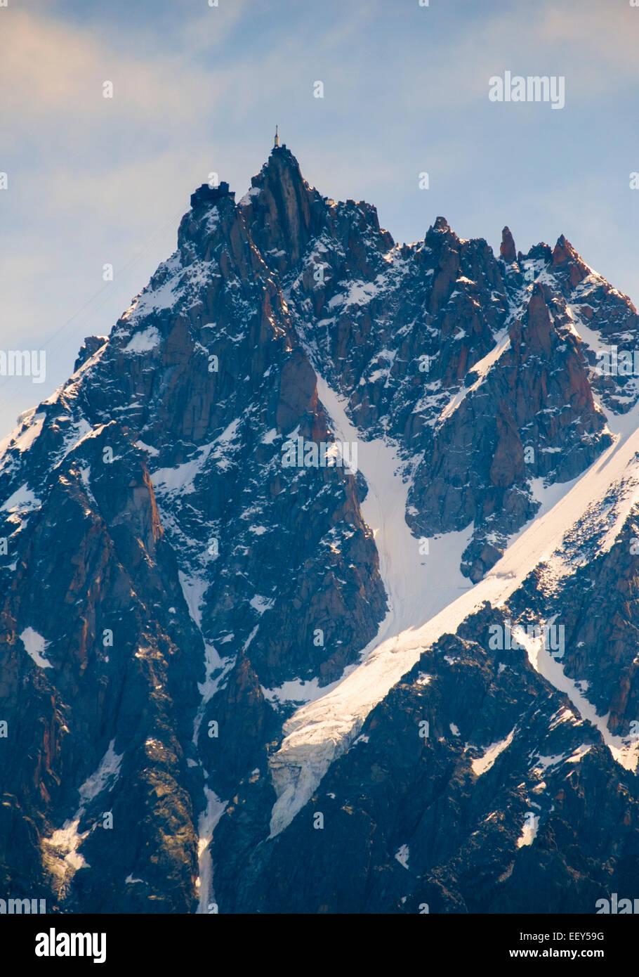 Aiguille du Midi with cable car station on the summit above Chamonix ...