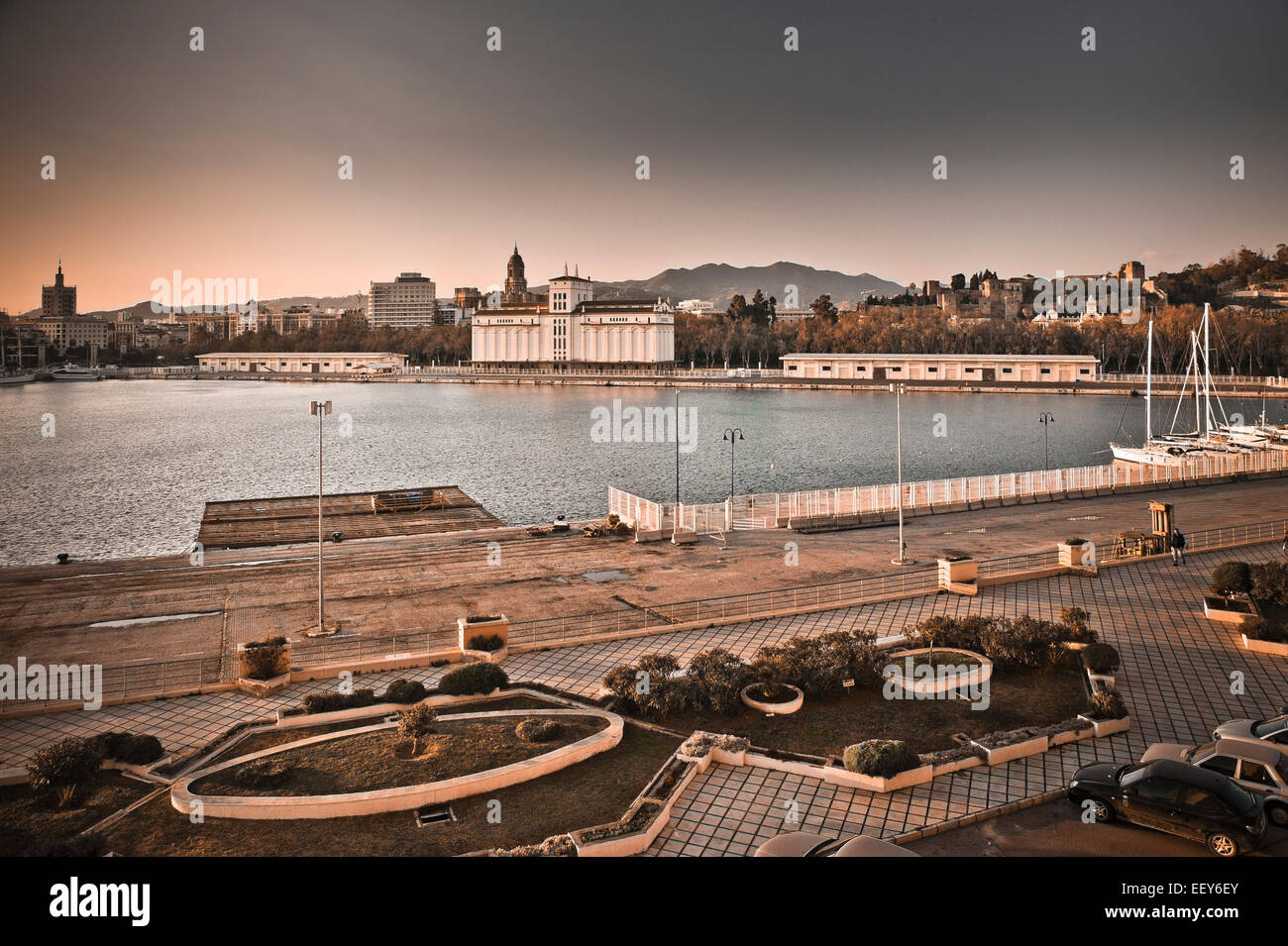 MALAGA PORT WITH OLD GRAIN SILO AND STORES FROM PASEO DE LA FEROLA ...