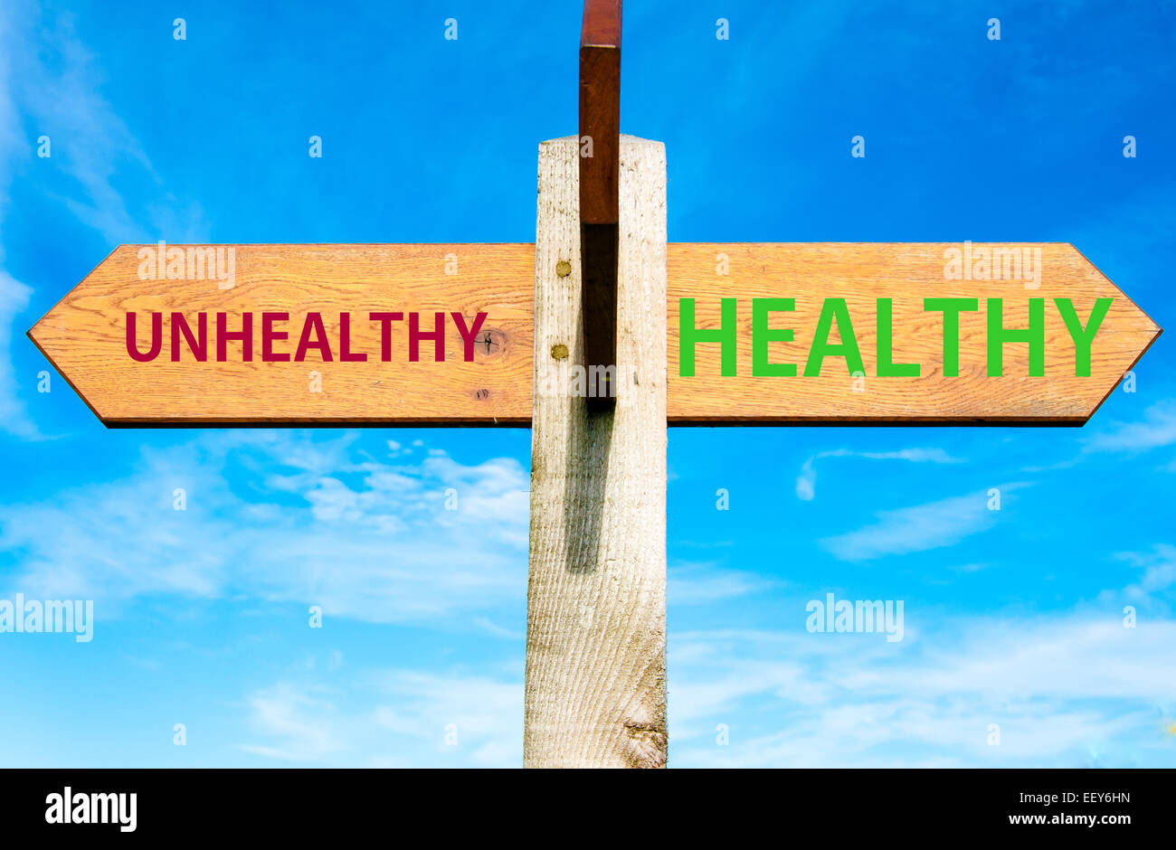 Wooden signpost with two opposite arrows over clear blue sky, Healthy ...