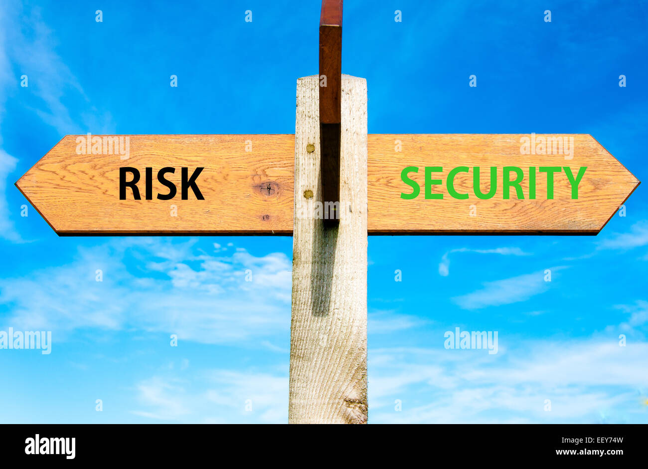Wooden signpost with two opposite arrows over clear blue sky, Risk ...