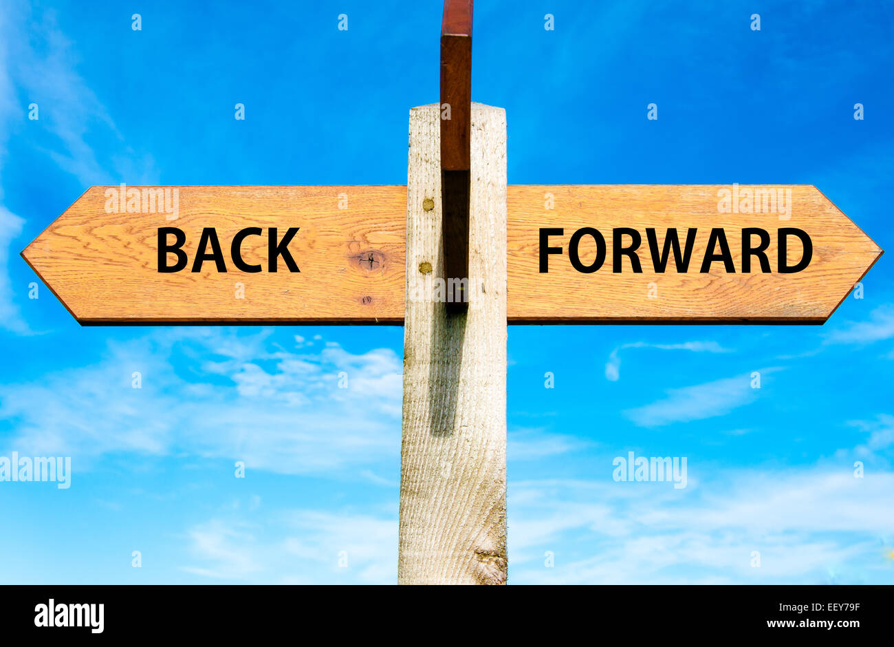 Wooden signpost with two opposite arrows over clear blue sky, Back ...