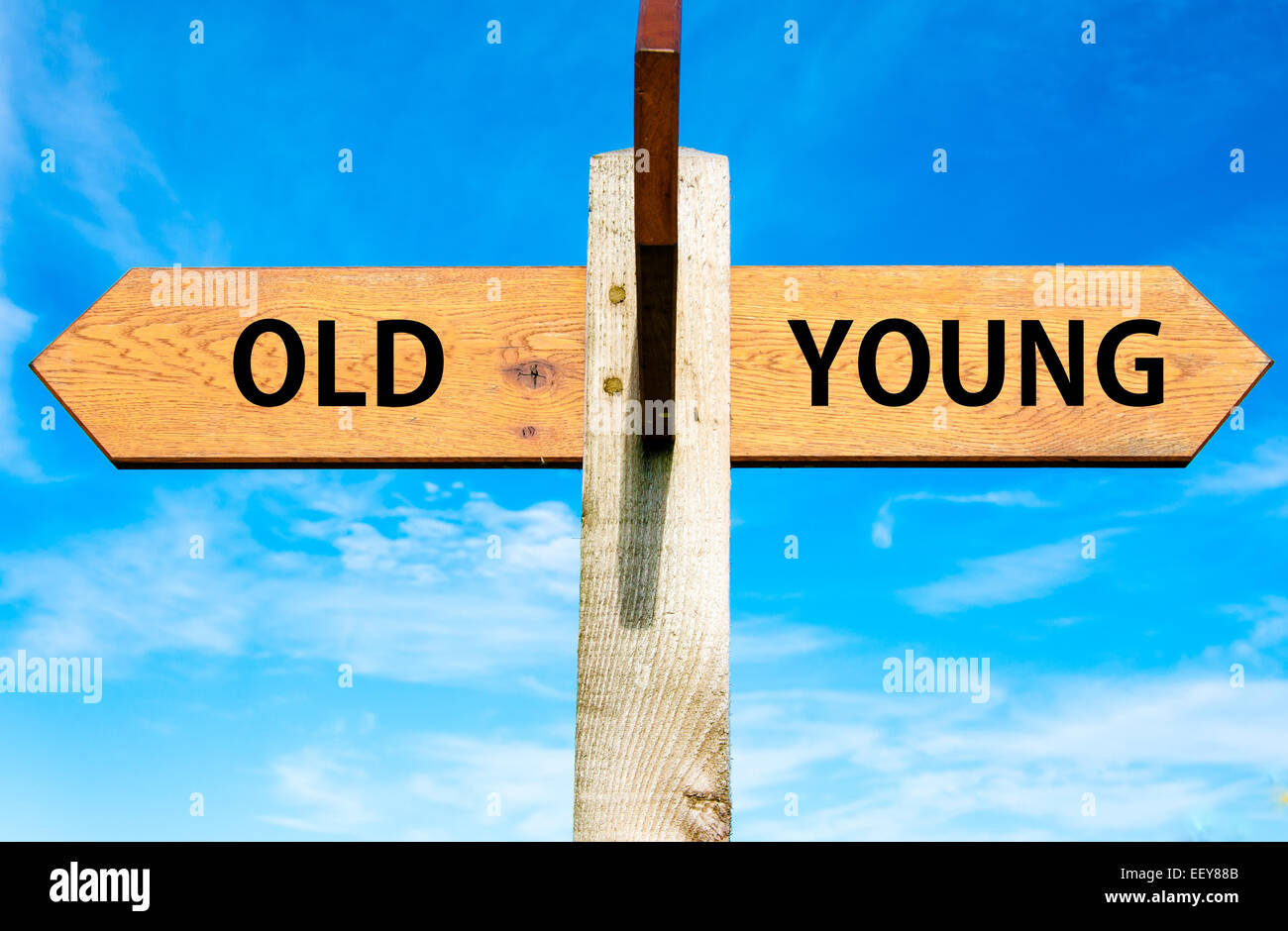 Wooden signpost with two opposite arrows over clear blue sky, Old ...