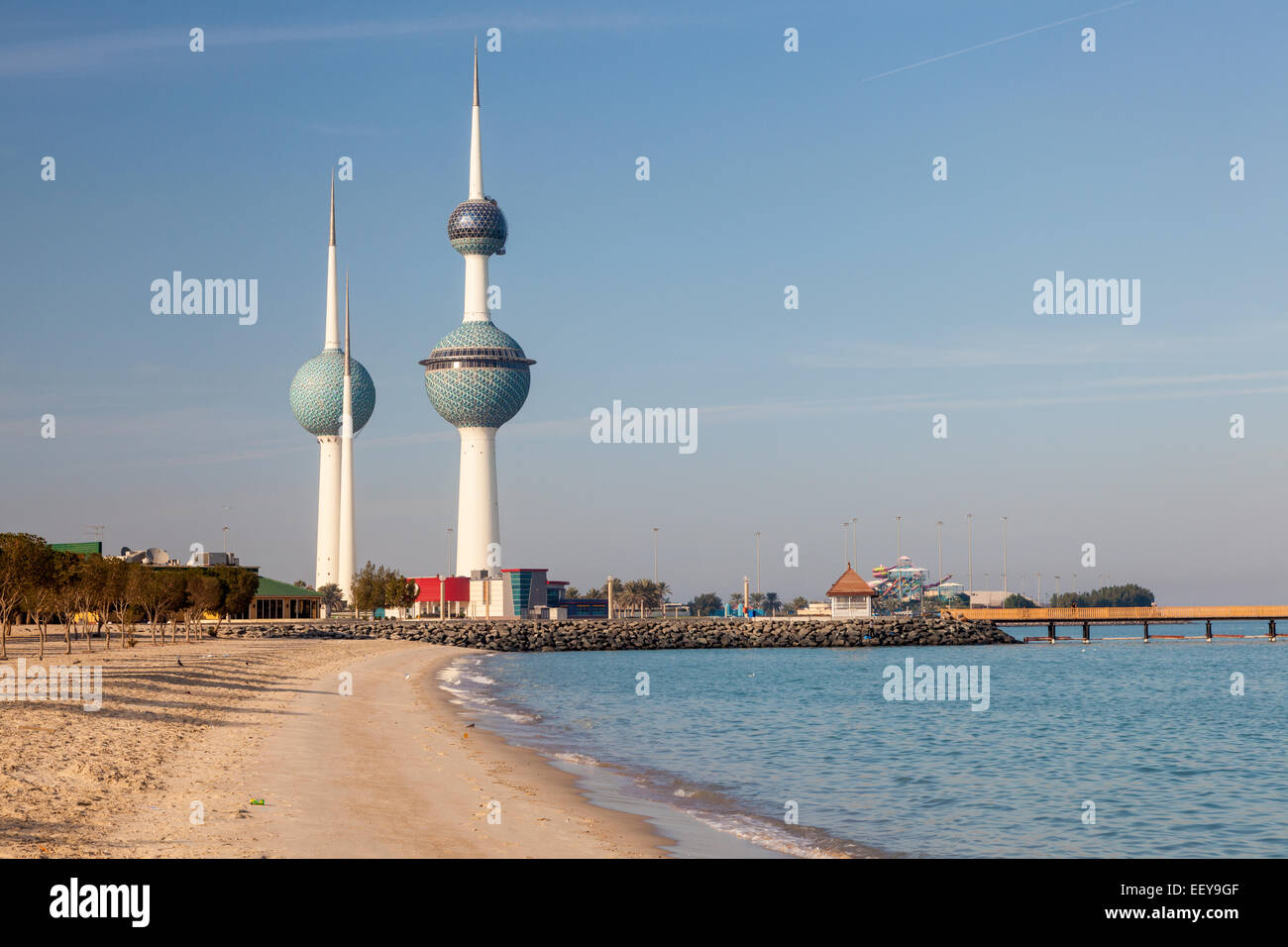 Arabian Gulf beach and the Kuwait Towers in Kuwait City, Middle East ...