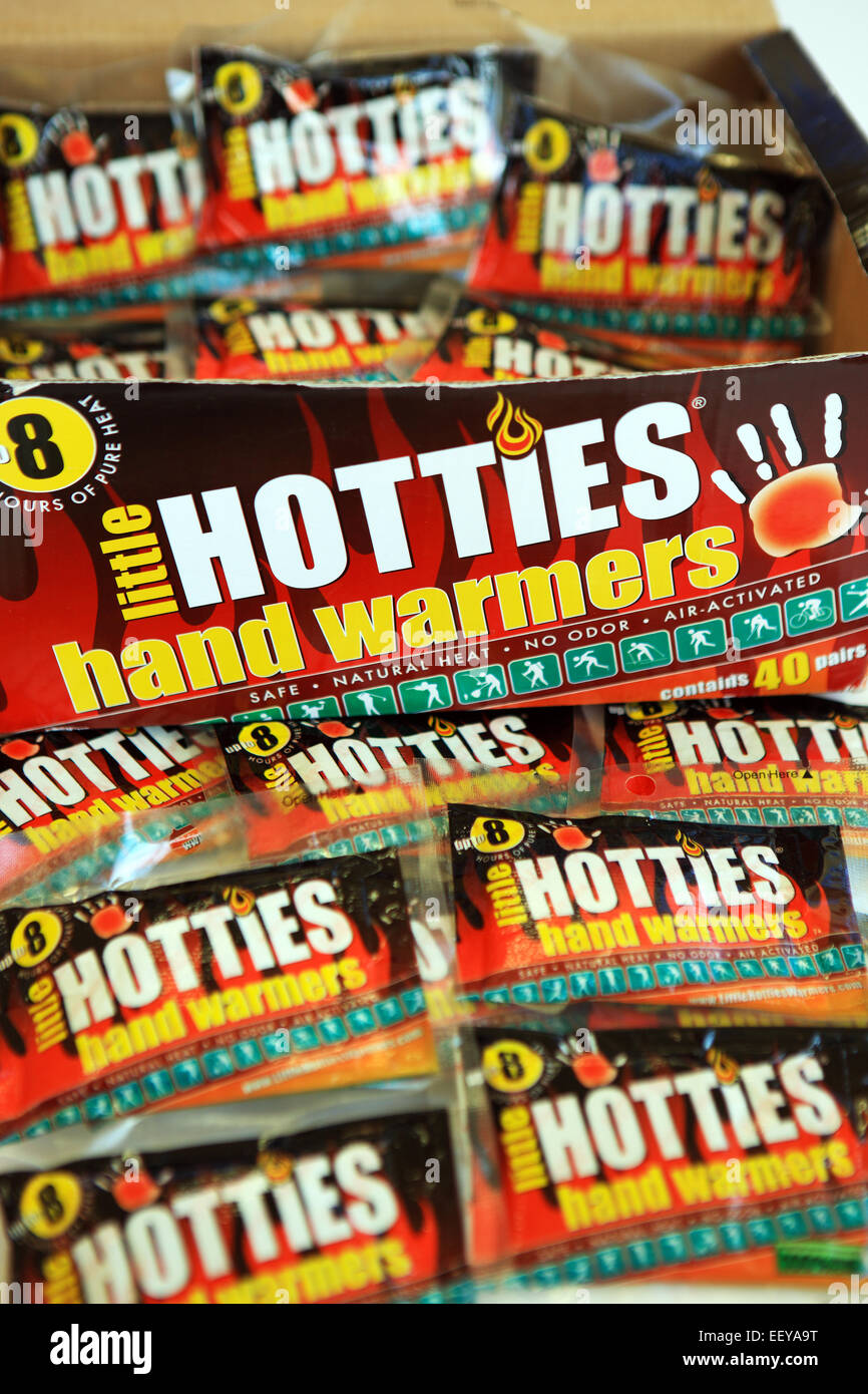 Box of hand warmers called Hotties. These disposable packets give heat ...