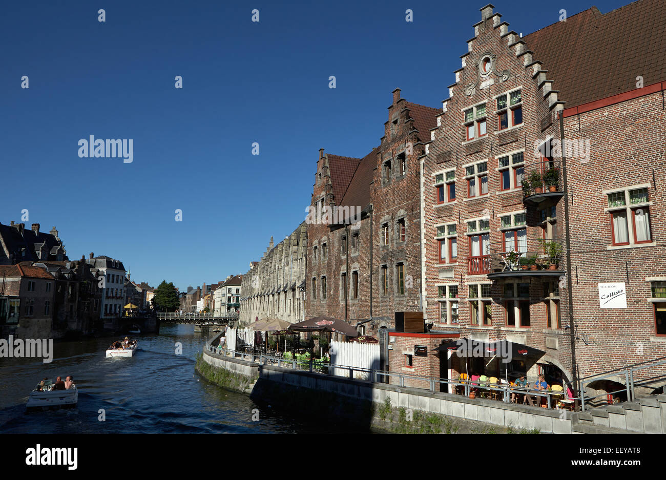 Ghent, Belgium, overlooking the historic buildings along the River Lys ...