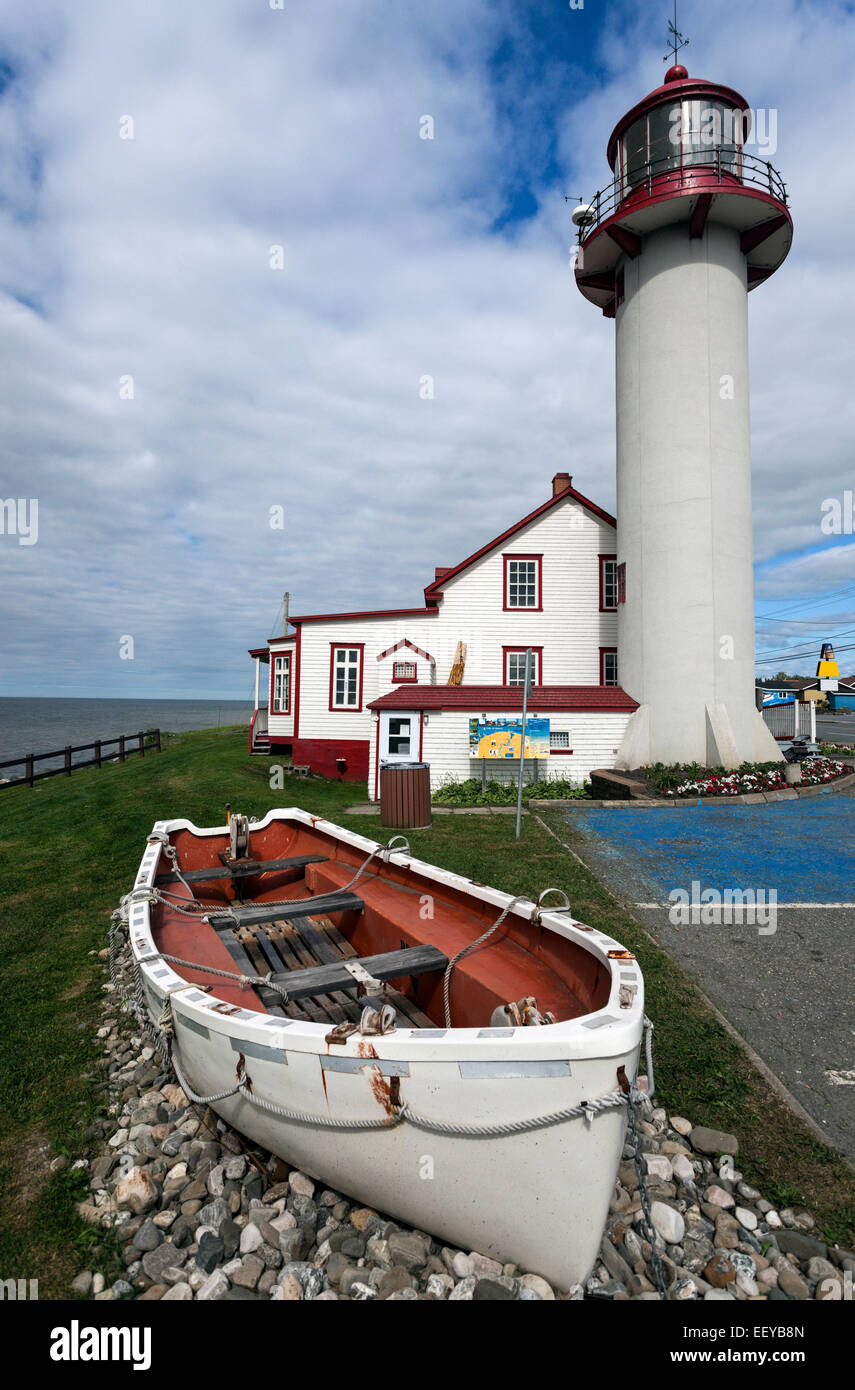 Canada, Quebec, Matane Lighthouse and empty white rowboat on gravel ...