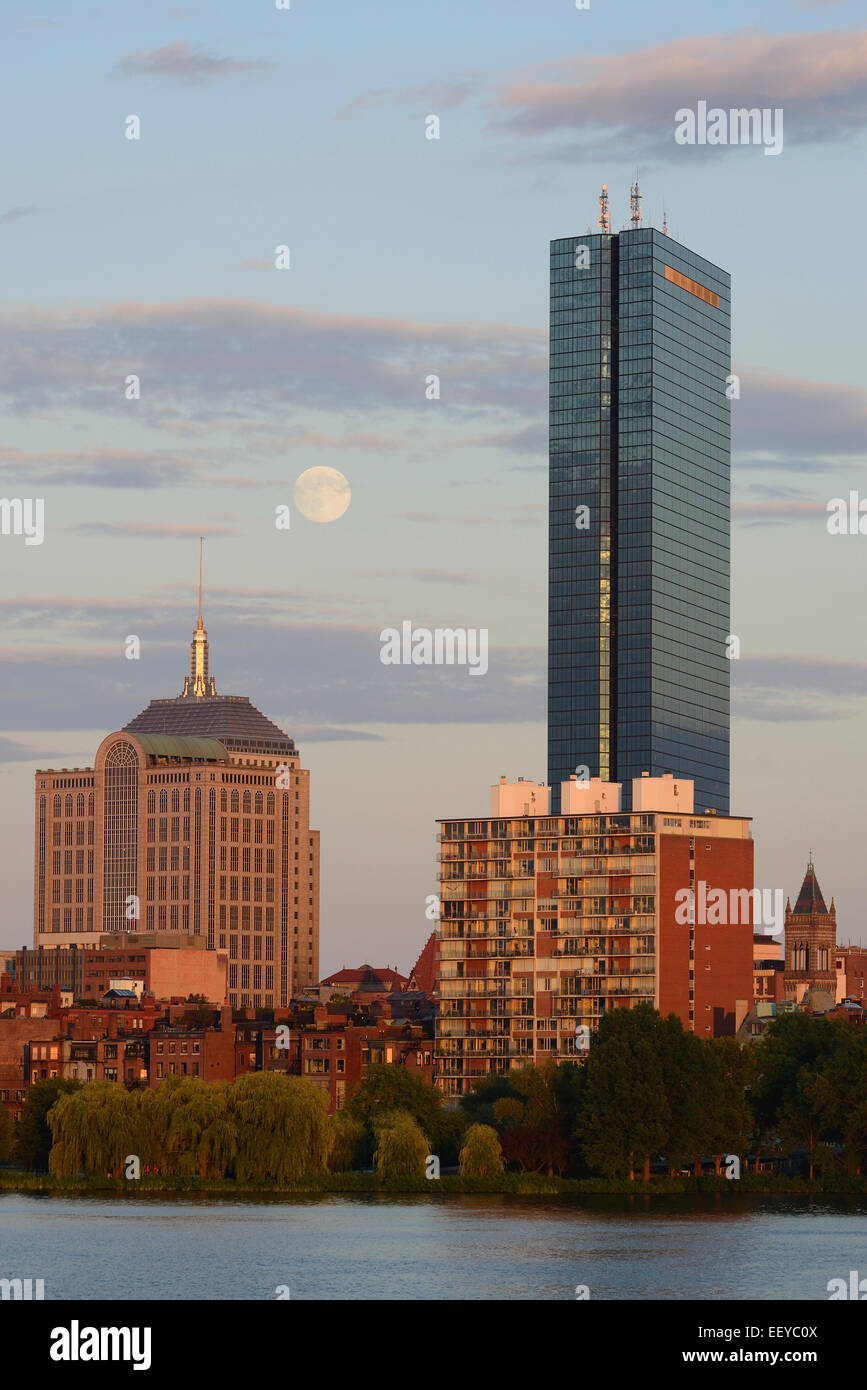 USA, Massachusetts, Boston, Supermoon rising over Boston and Charles ...