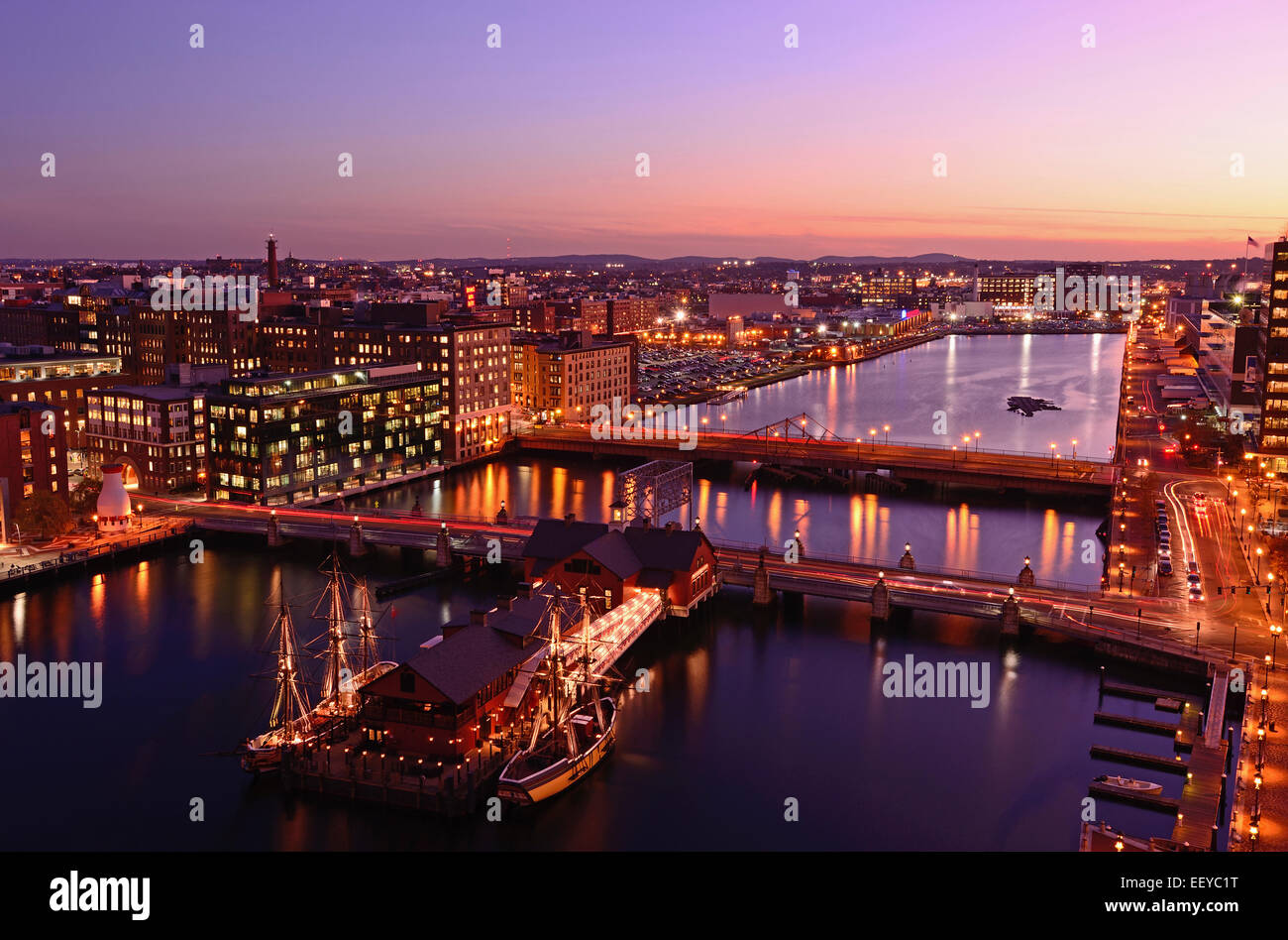 USA, Massachusetts, Boston, View over Fort Point Channel at dusk Stock ...