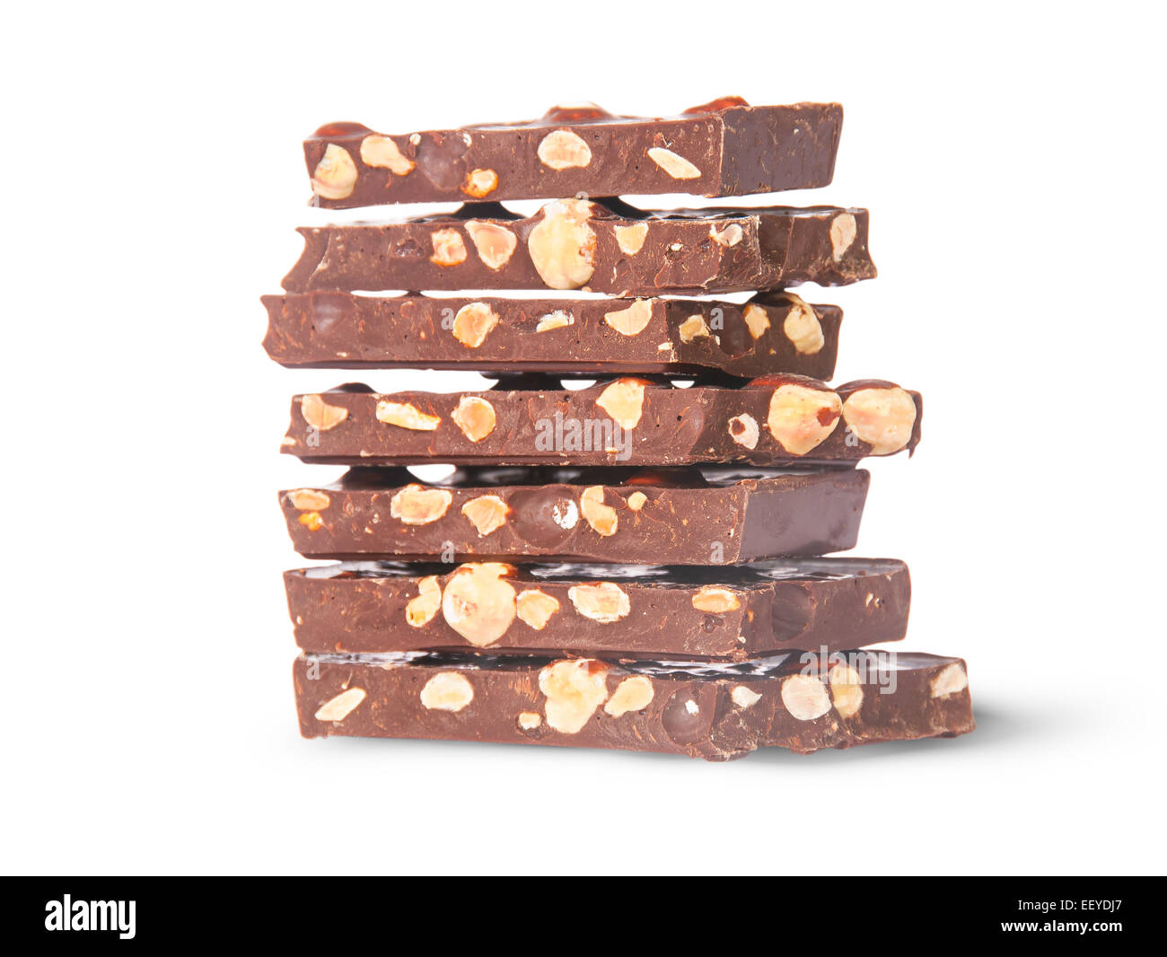Stack of seven chocolate bars rotated isolated on white background ...