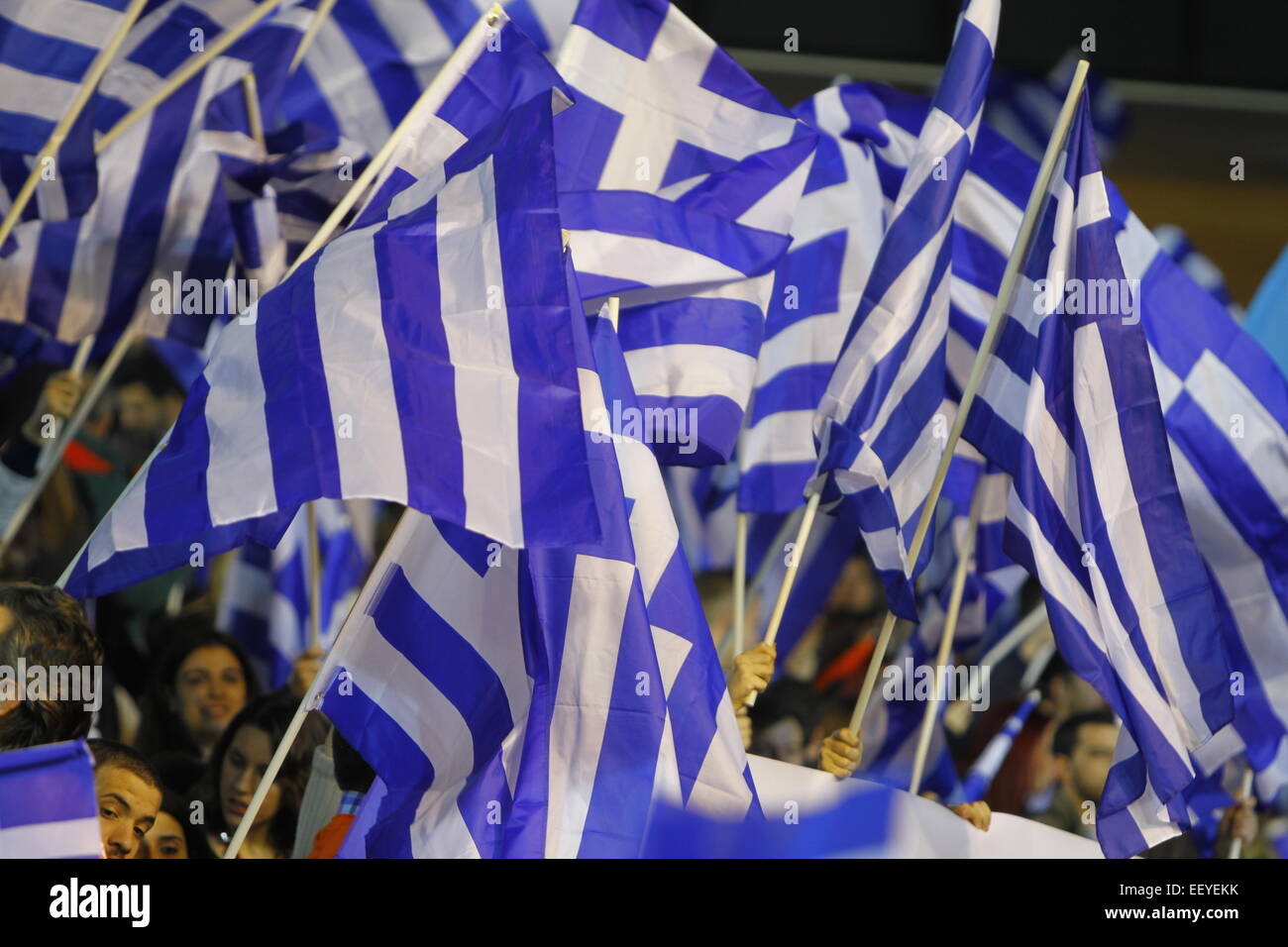 Athens, Greece. 23rd January 2015. Party members wave Greek flags ...