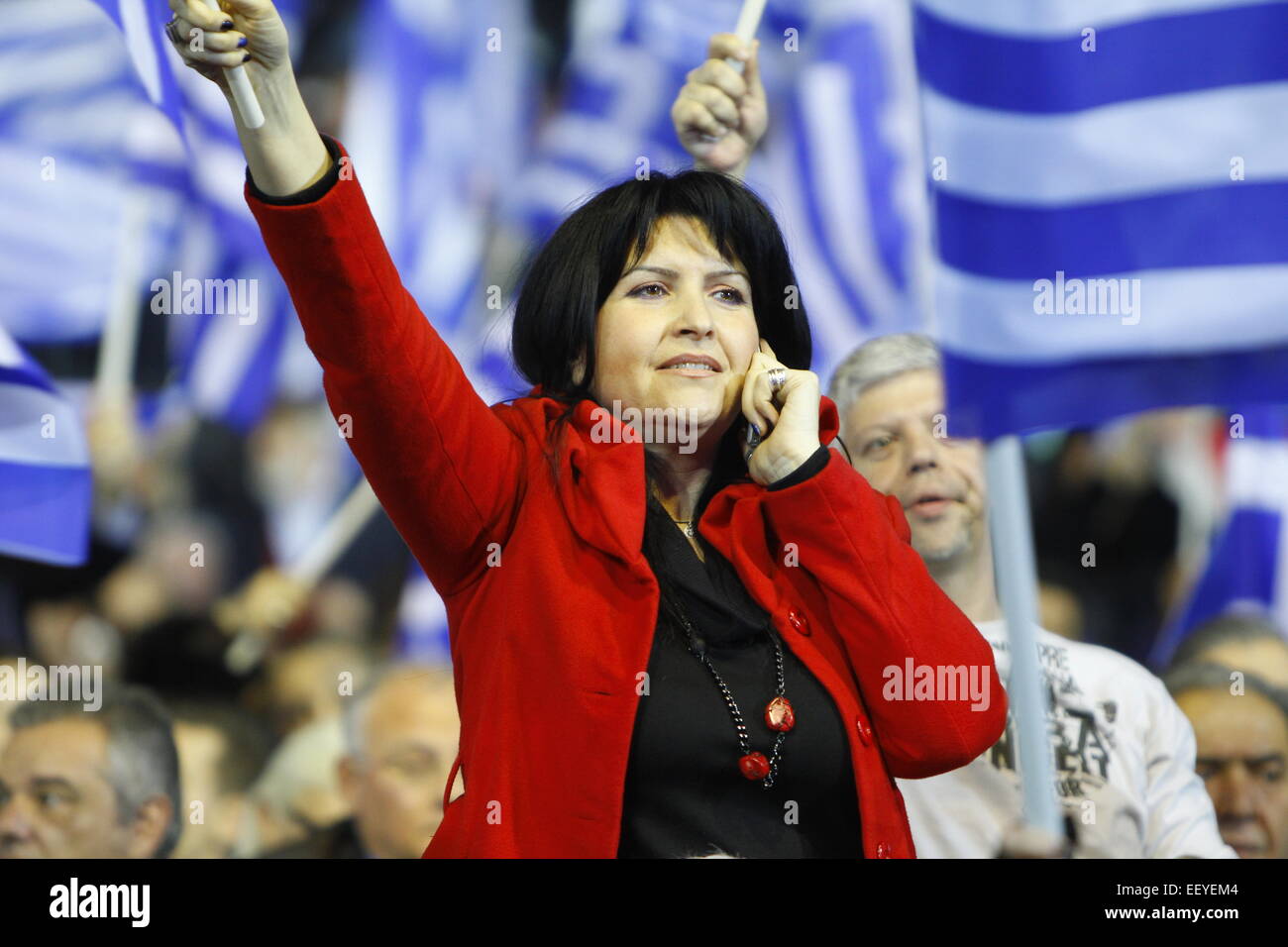 Athens, Greece. 23rd January 2015. A women waves a Greek flag. Néa ...