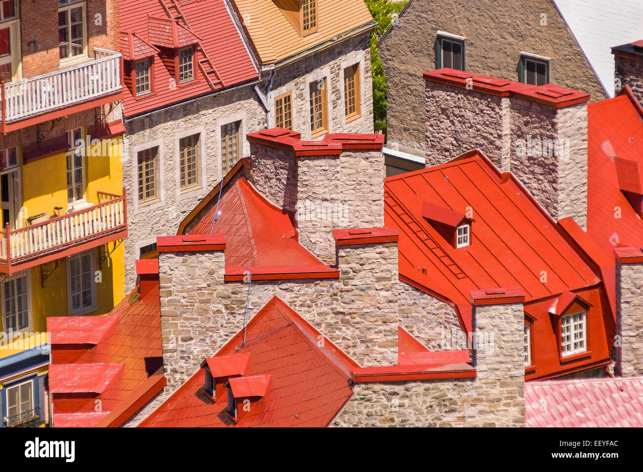 QUEBEC CITY, QUEBEC, CANADA - Colorful rooftops and stonework of ...