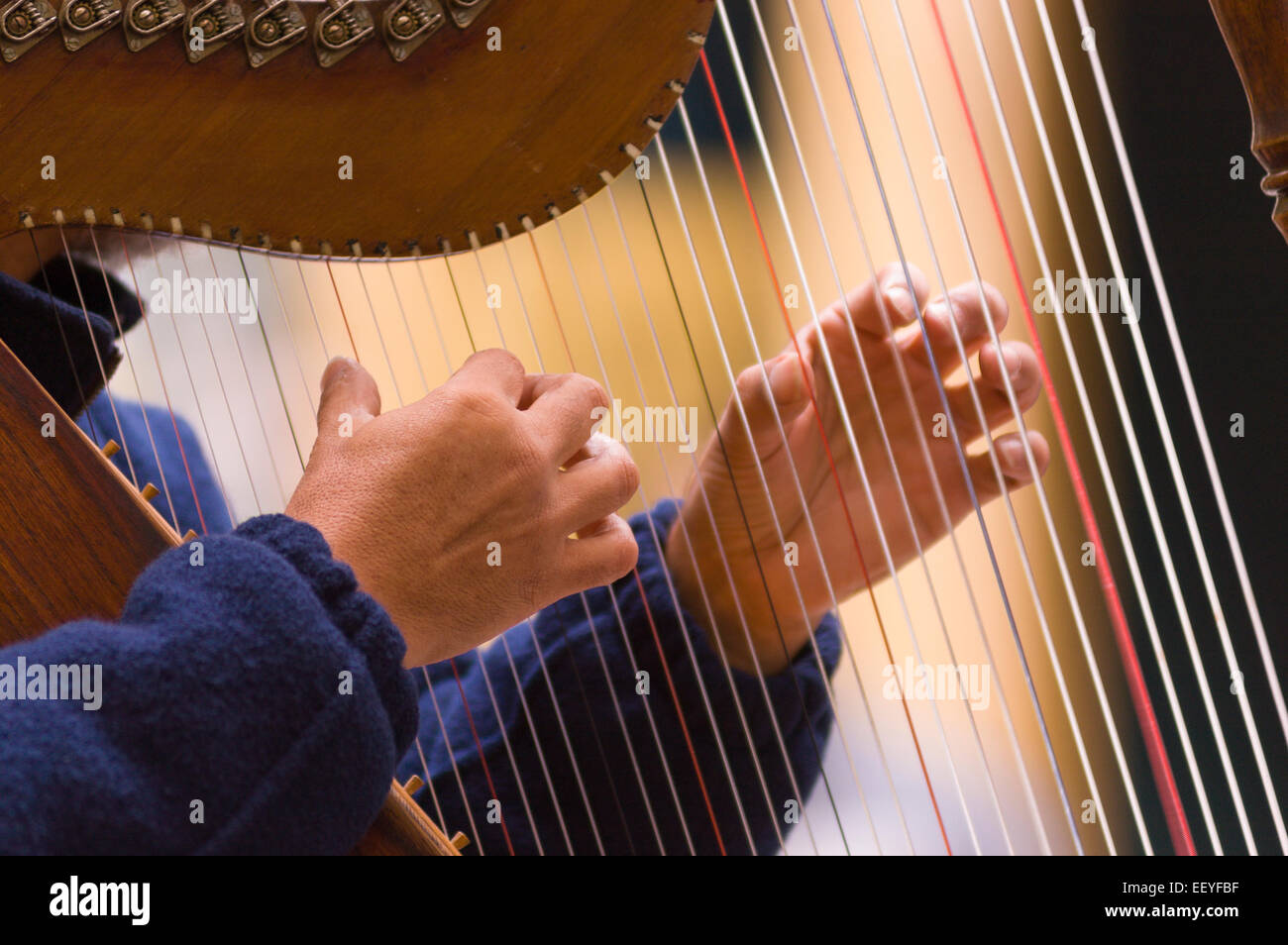 QUEBEC CITY, QUEBEC, CANADA - music performer hands plucking strings of ...