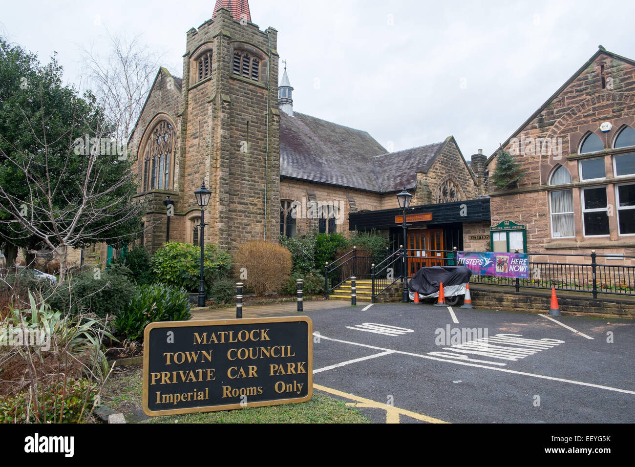 Matlock town council building, church and car park, Derbyshire,England ...